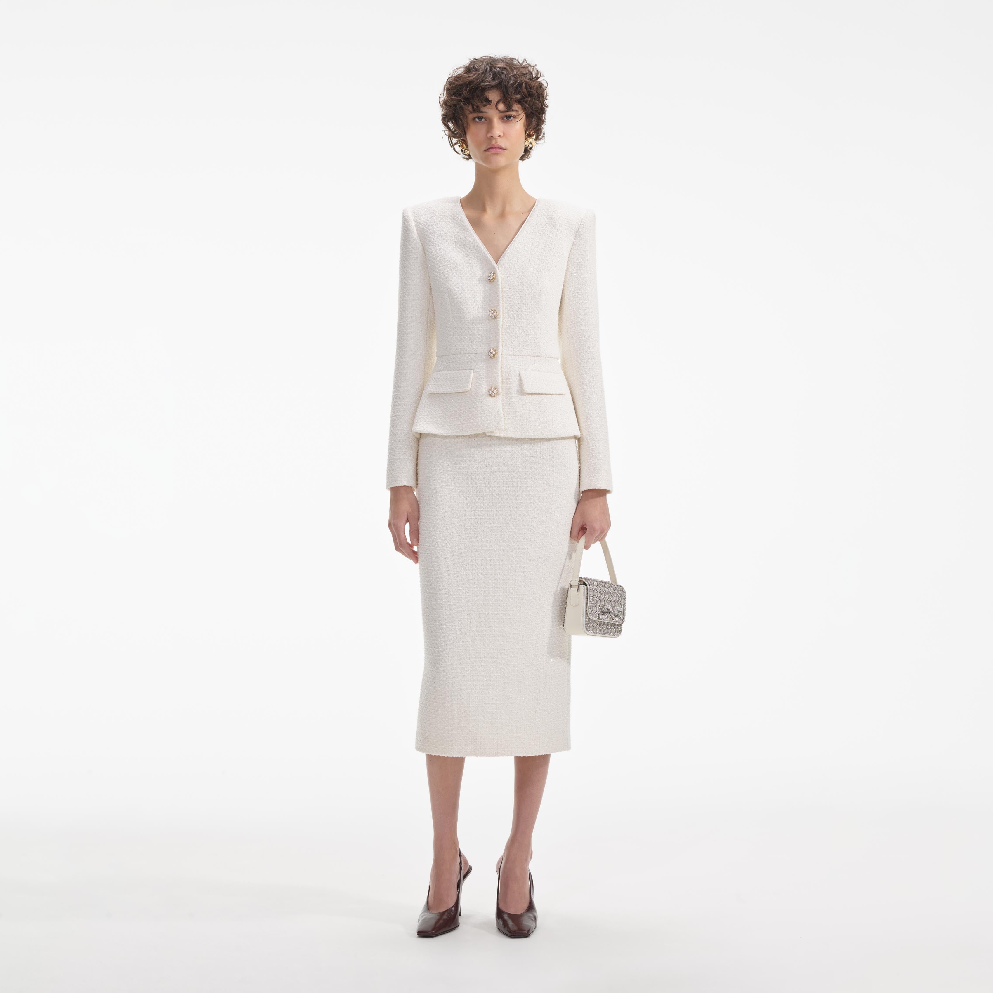 Cream Tinsel Boucle Midi Dress – self-portrait