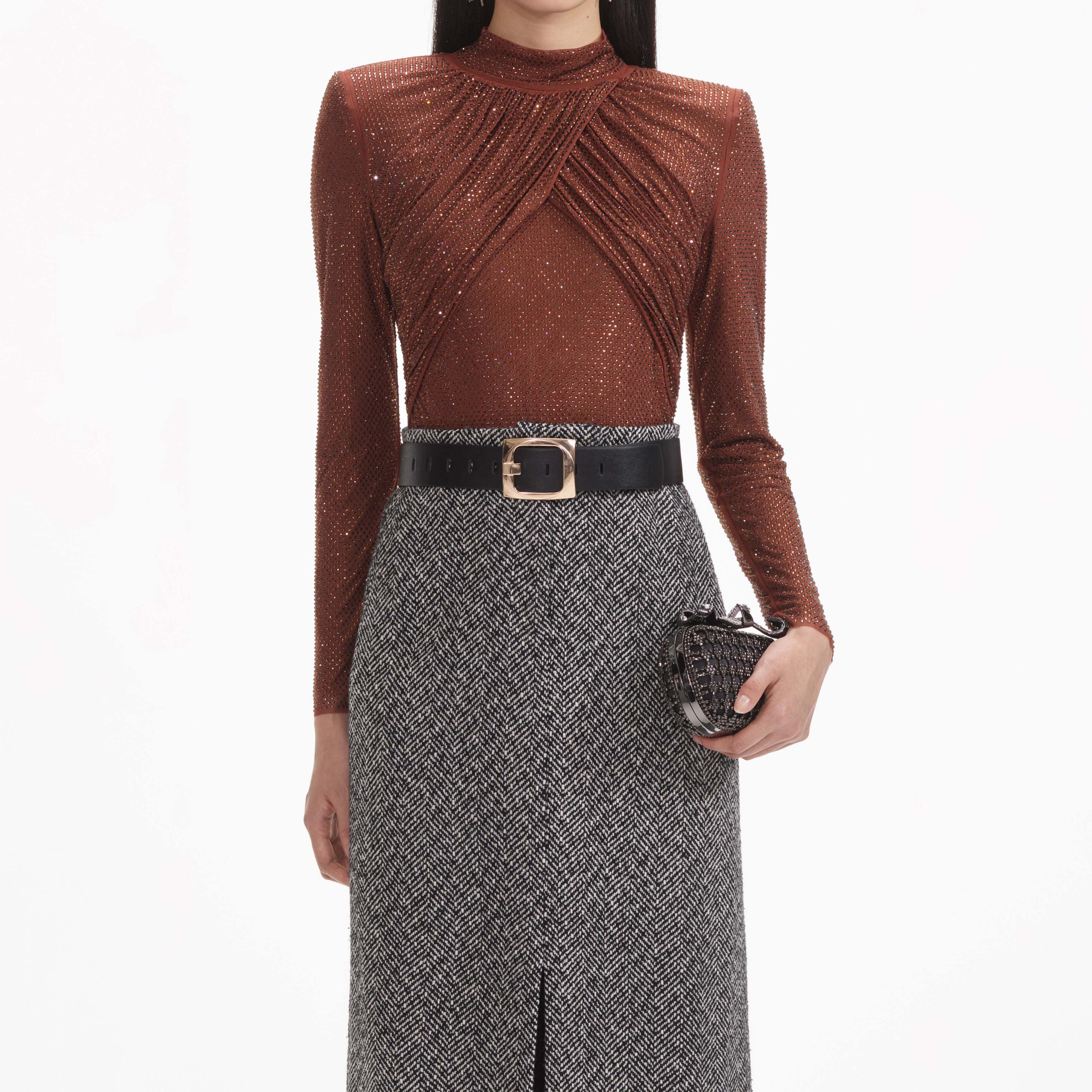 Brown Rhinestone Mesh Top – self-portrait