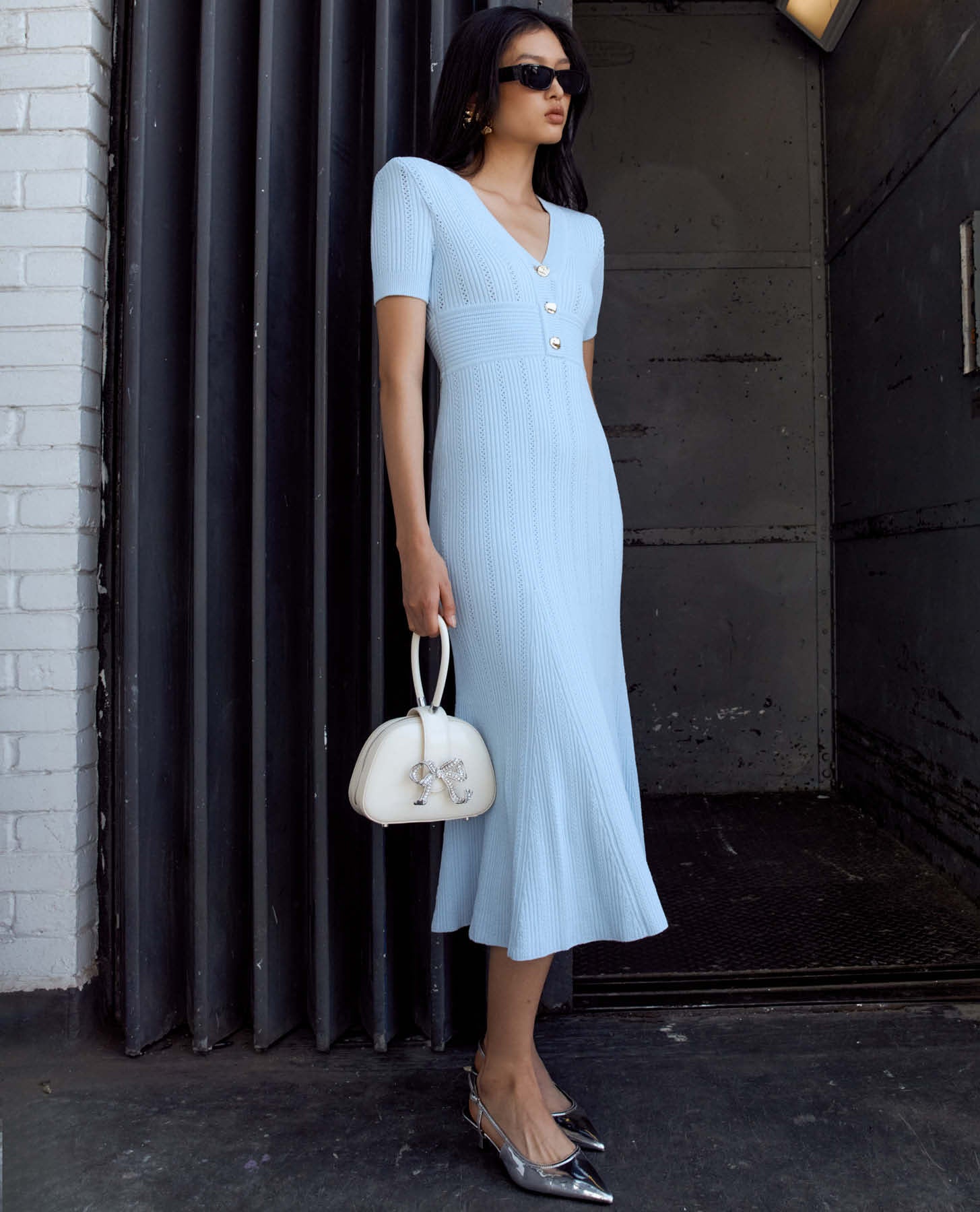 Blue Pointelle Knit Midi Dress – self-portrait