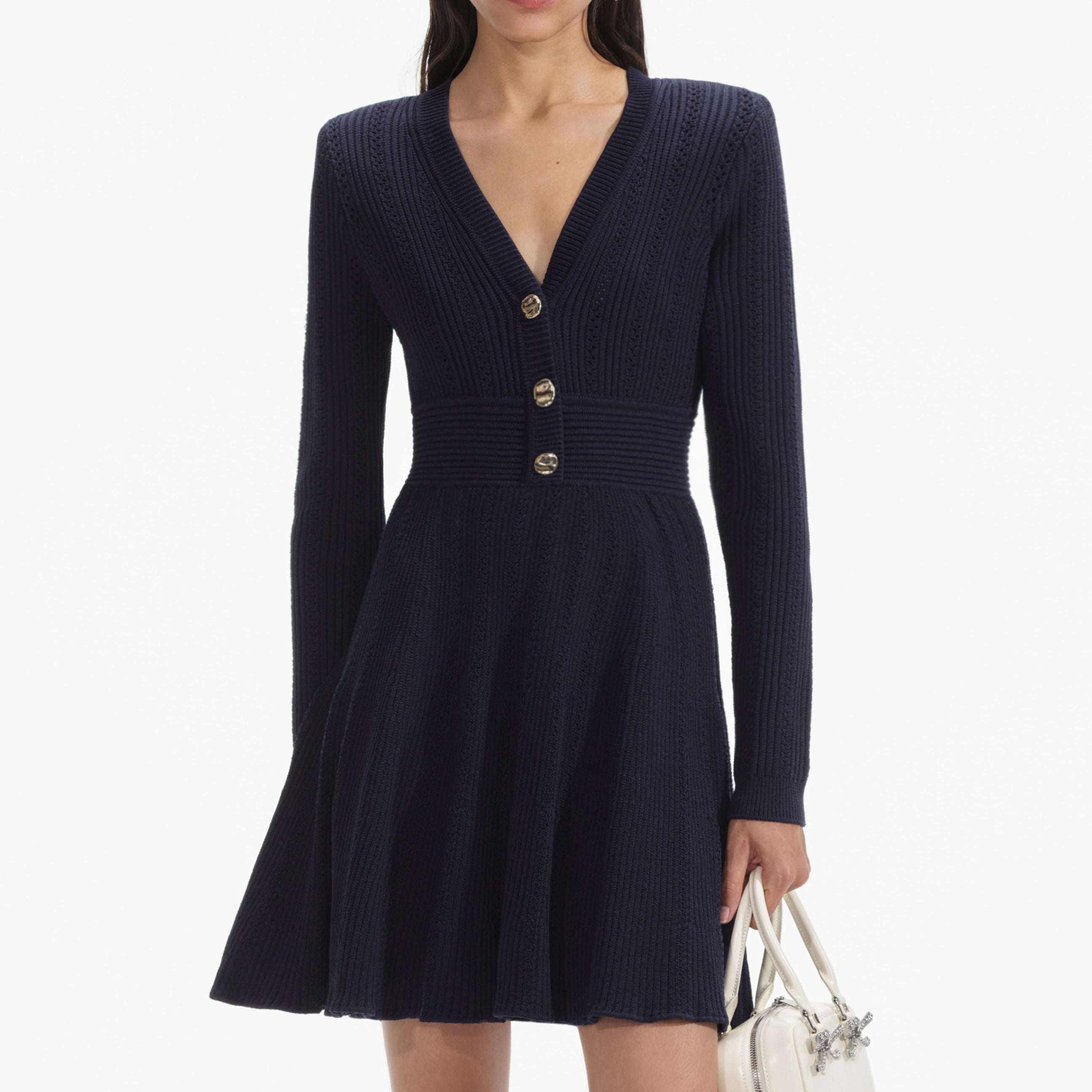 Navy Pointelle Knit Mini Dress – self-portrait