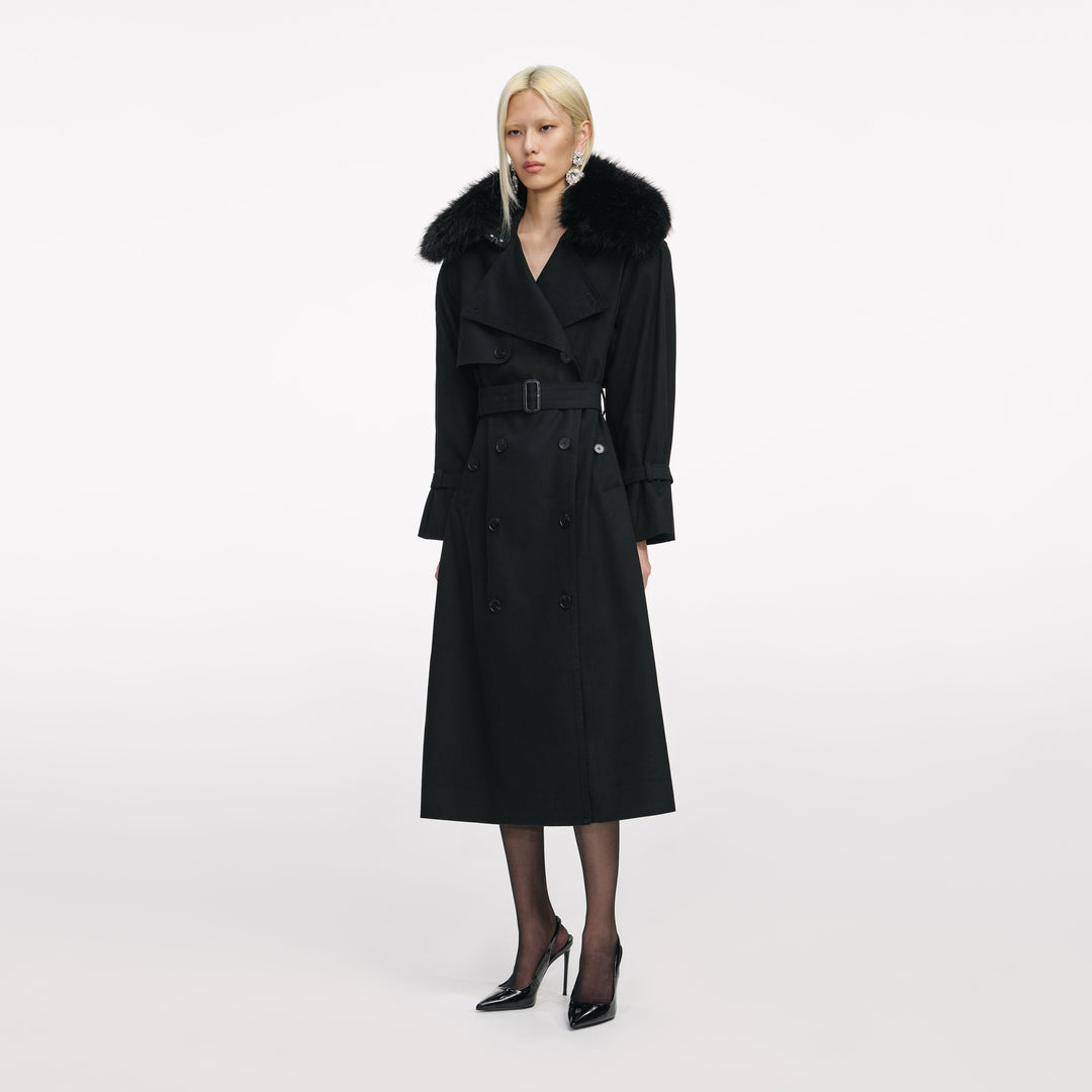 Black Twill Fur Collar Trench Coat – self-portrait