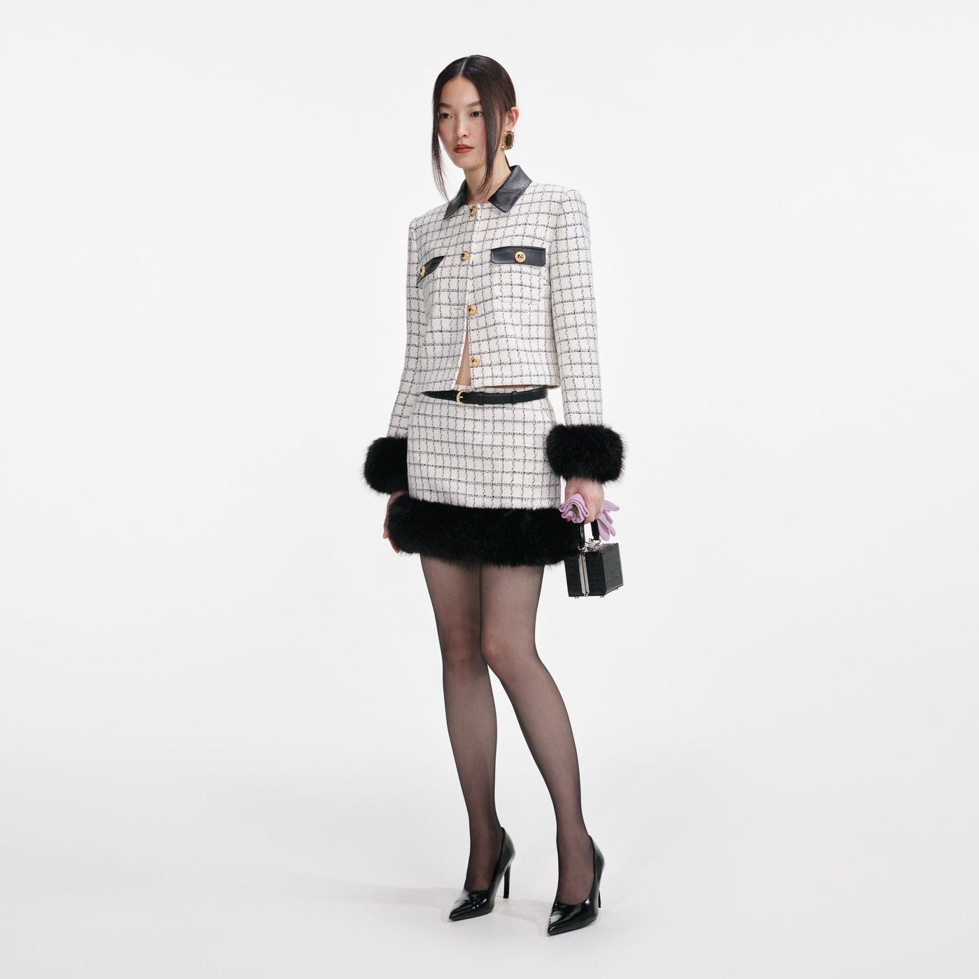 Check Boucle Fur Cuff Jacket – self-portrait