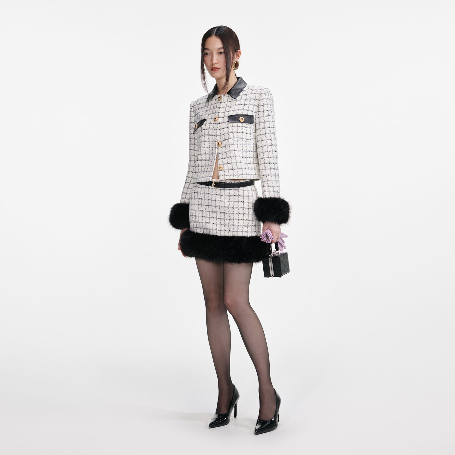 Check Boucle Fur Cuff Jacket – self-portrait