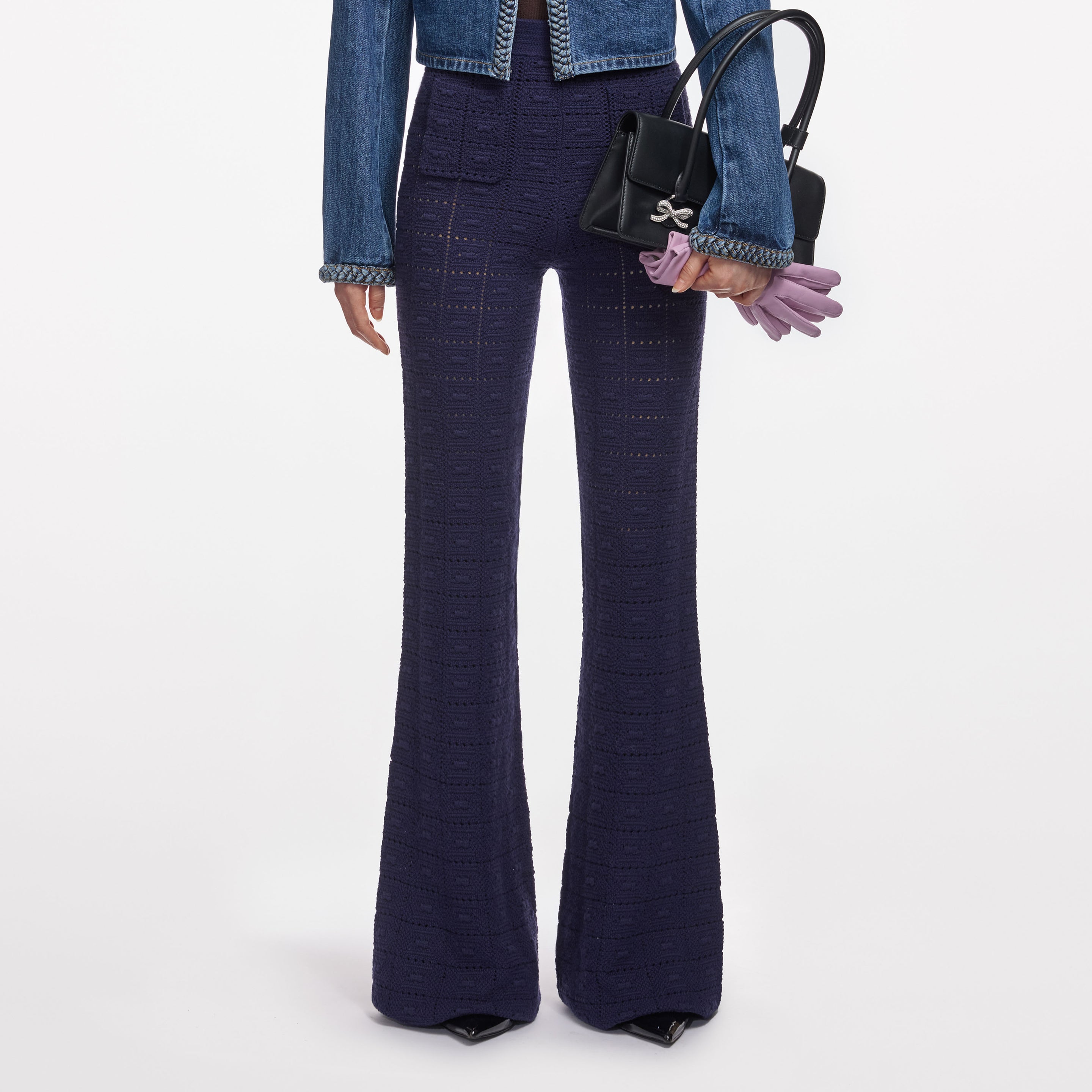 Navy Pointelle Knit Trousers – self-portrait