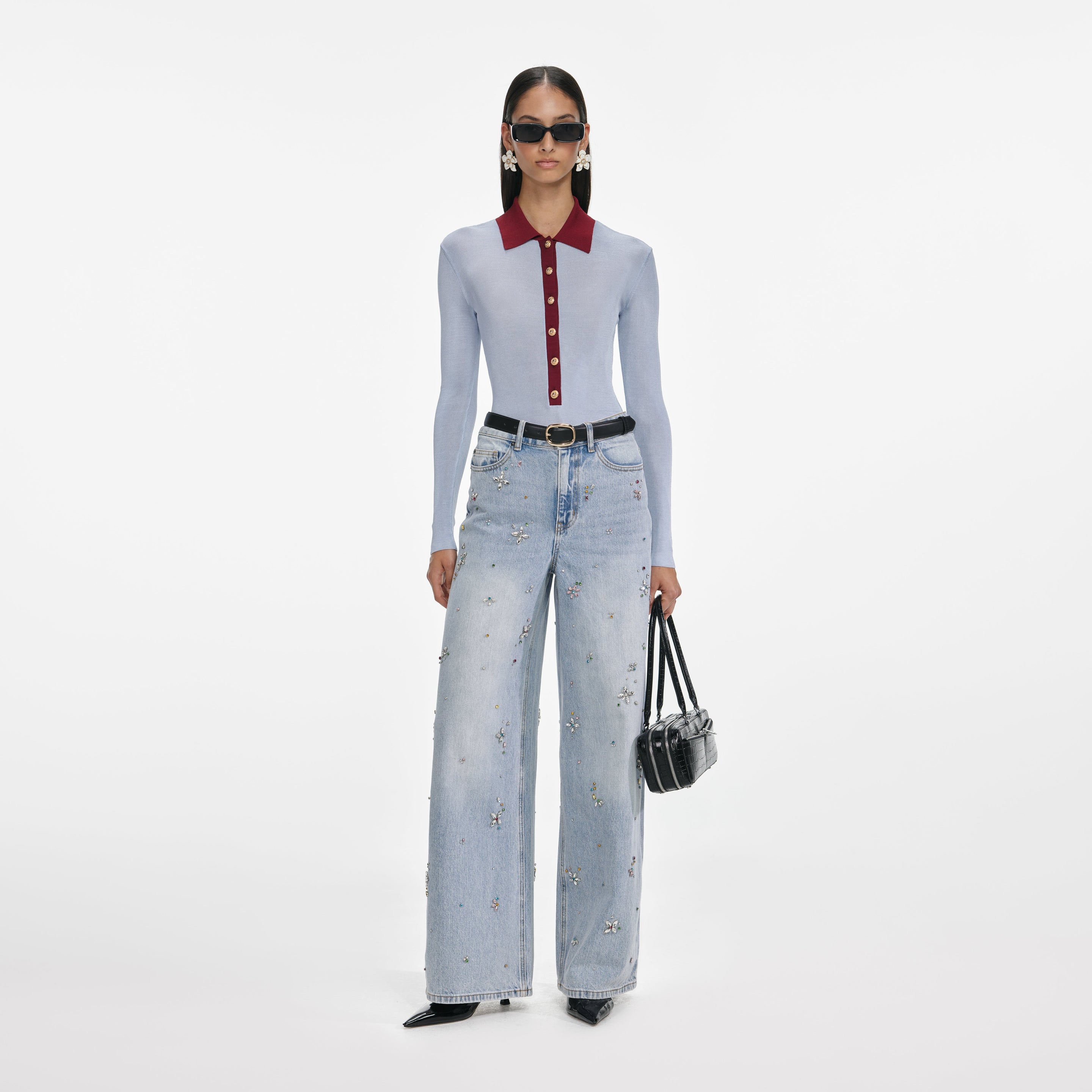 Blue Viscose Knit Bodysuit – self-portrait