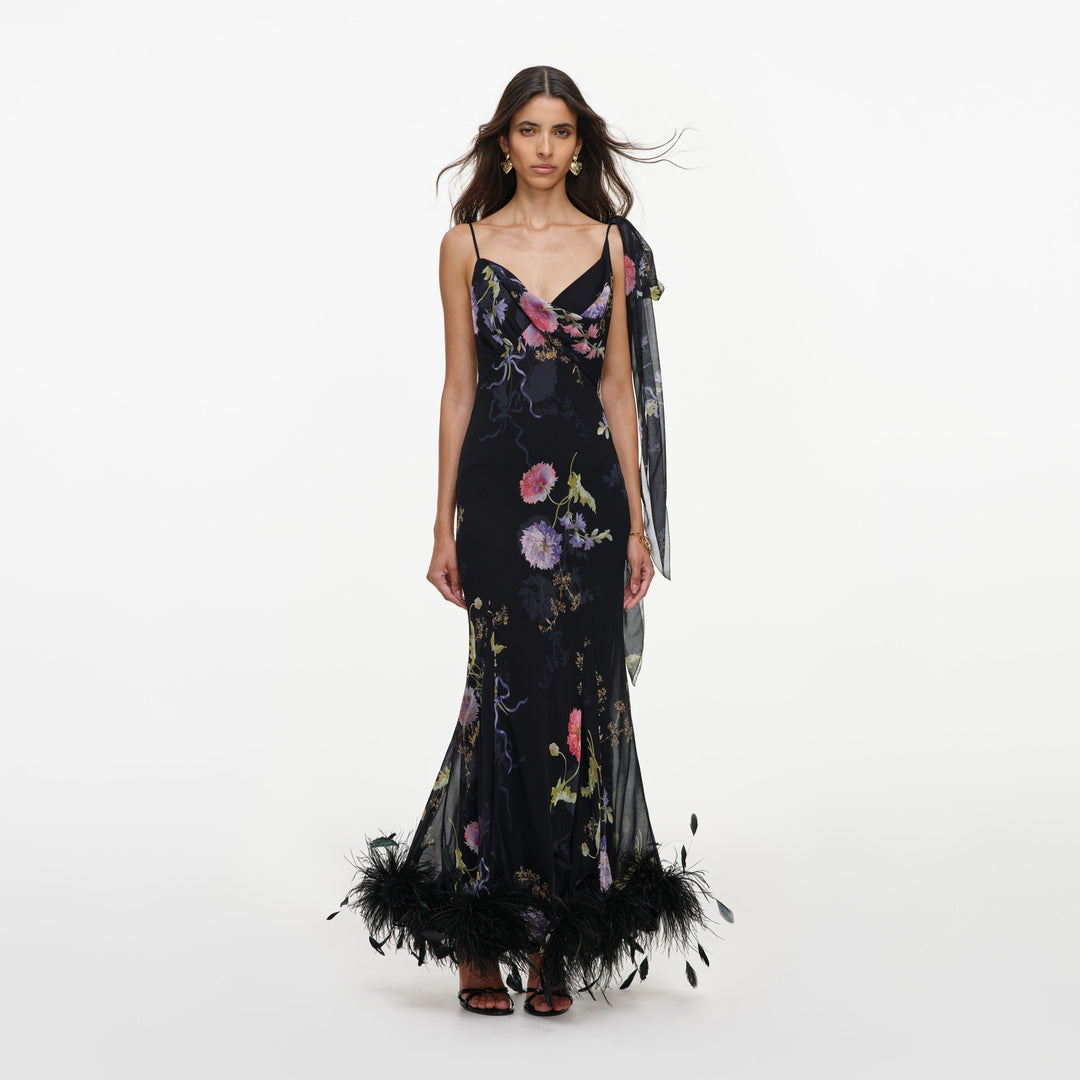 Black Floral Georgette Feather Maxi Dress – self-portrait