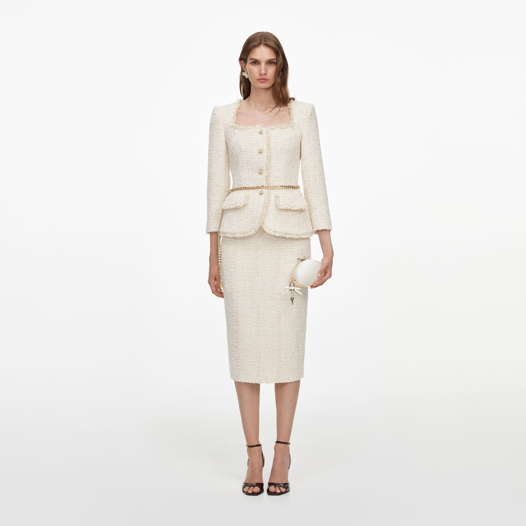 Cream Boucle Tailored Chain Midi Dress – self-portrait