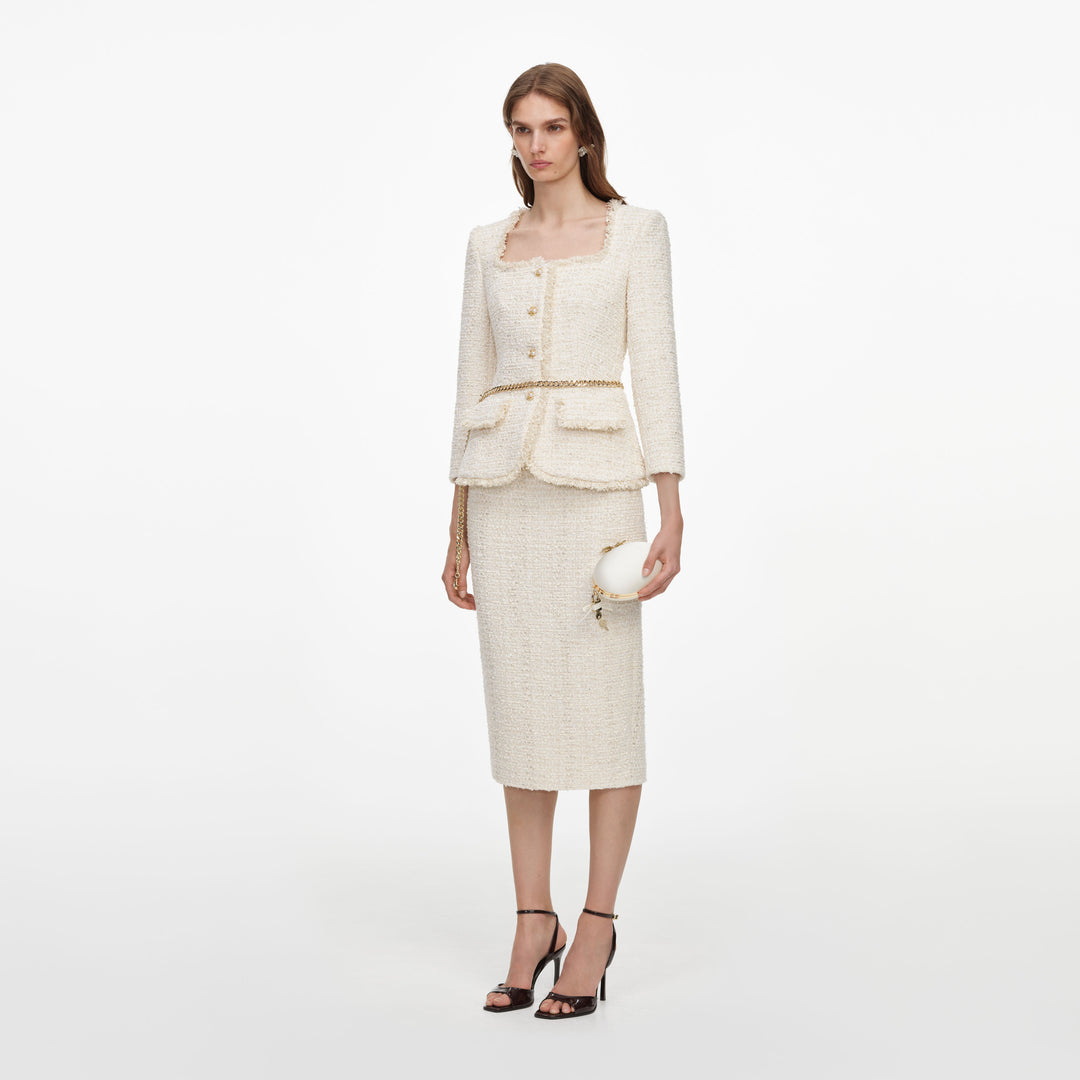 Cream Boucle Tailored Chain Midi Dress – self-portrait