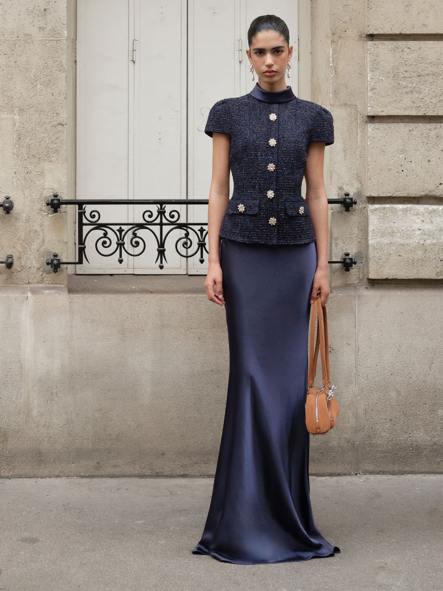 Navy Metallic Boucle Maxi Dress – self-portrait