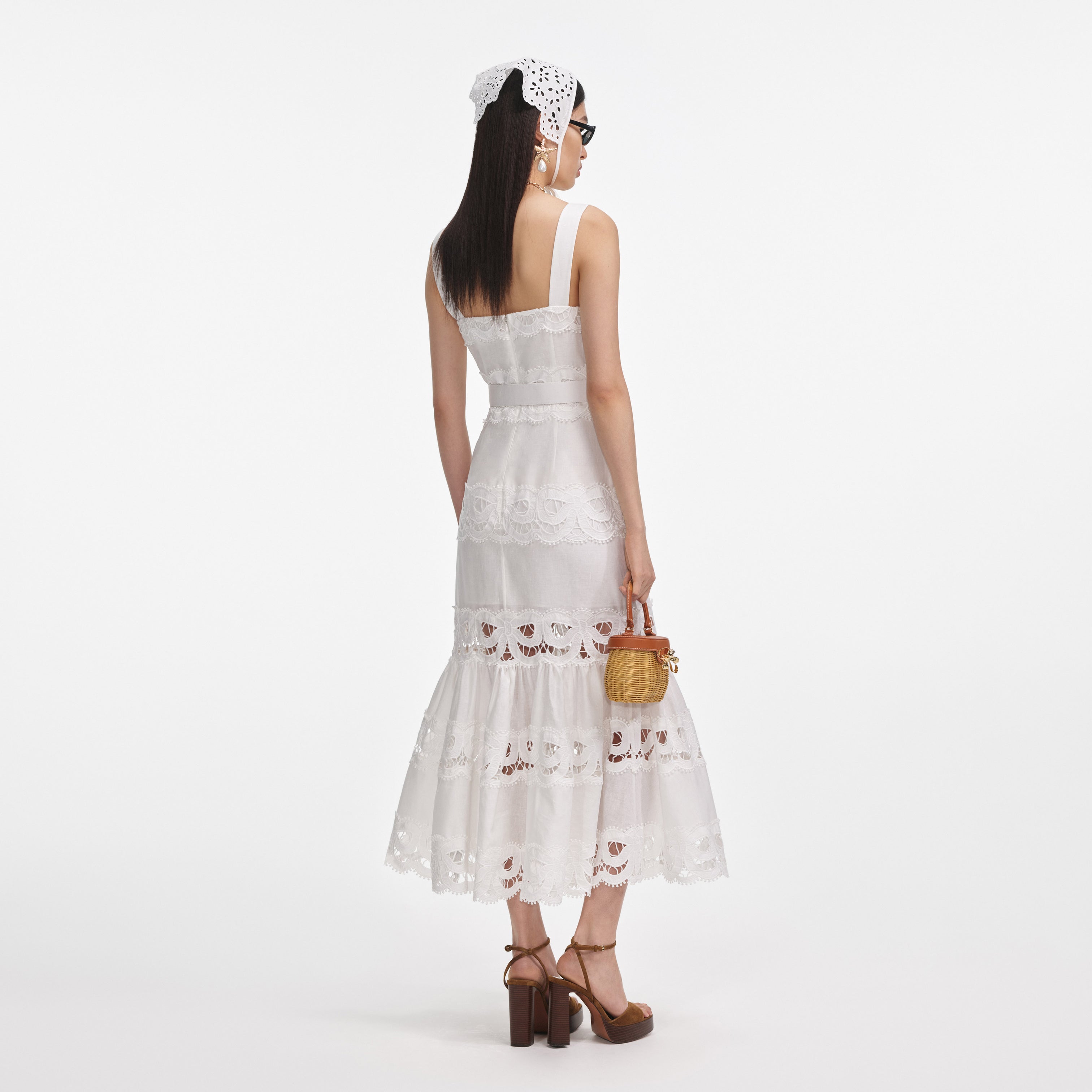 White Linen Lace Insert Midi Dress – self-portrait