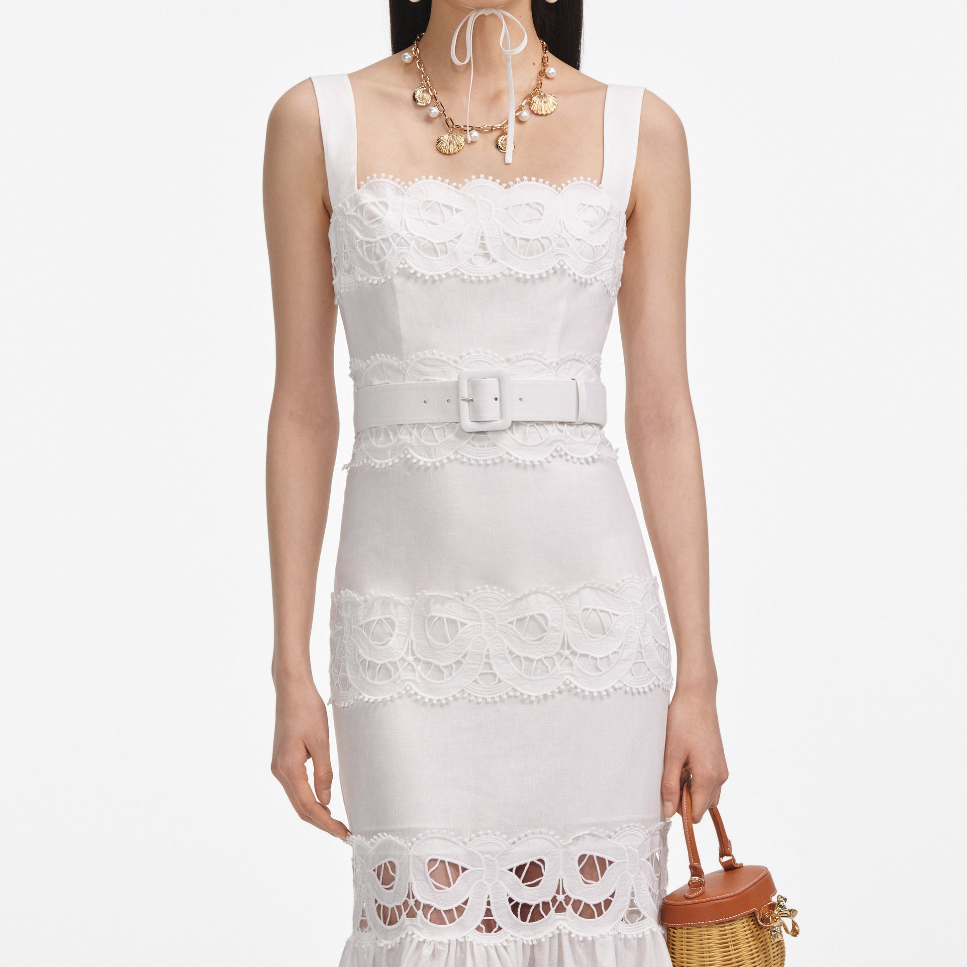 White Linen Lace Insert Midi Dress – self-portrait