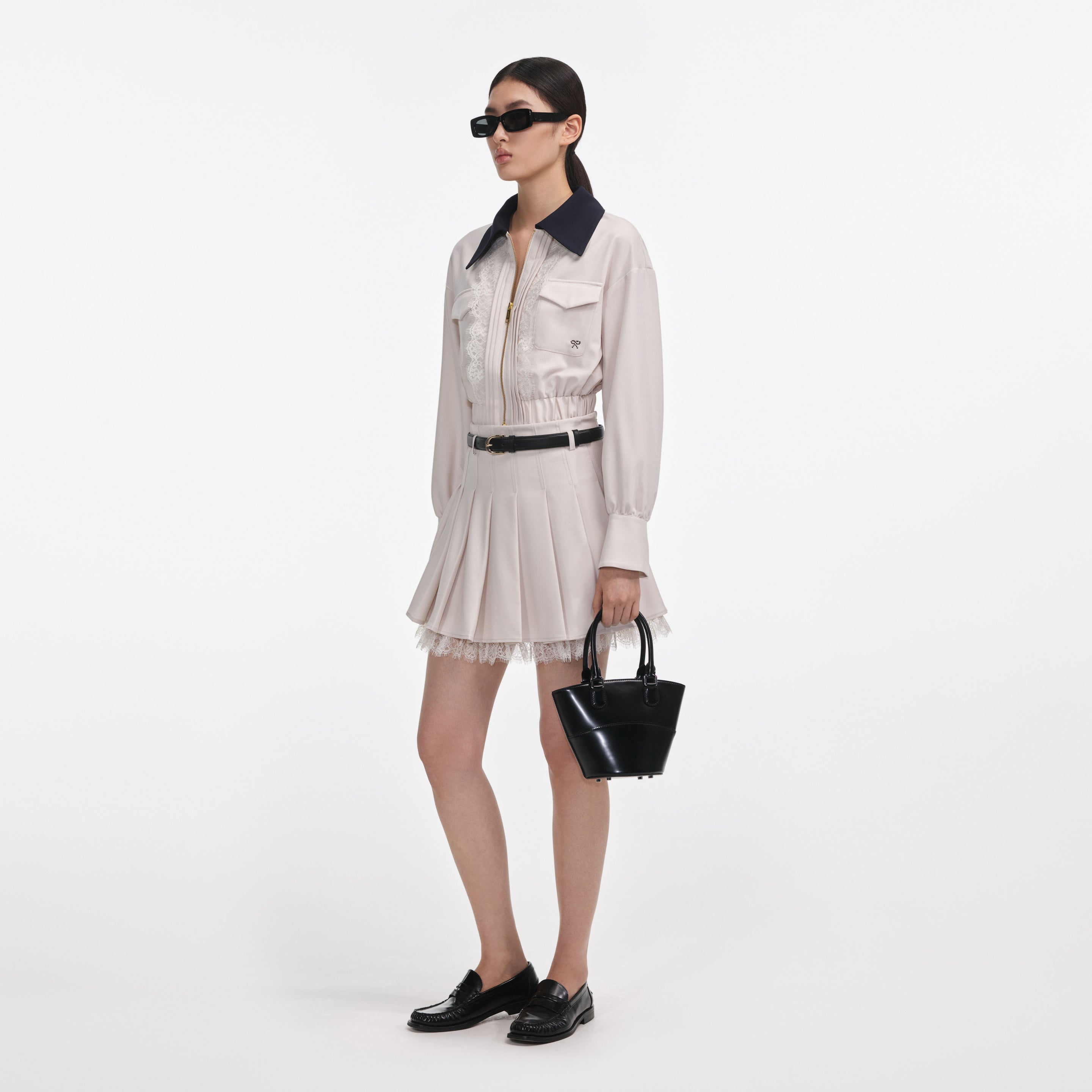 Cream Twill Pleated Mini Skirt – self-portrait