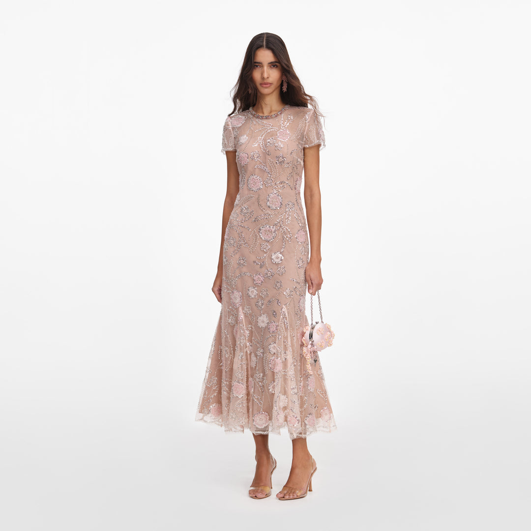 Pink Flower Sequin Embellished Midi Dress – self-portrait
