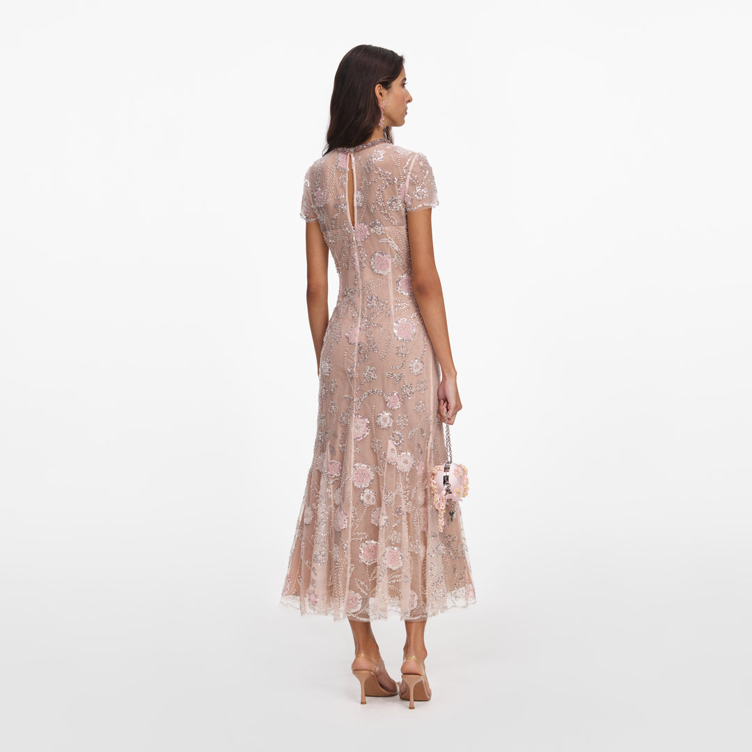 Pink Flower Sequin Embellished Midi Dress – self-portrait