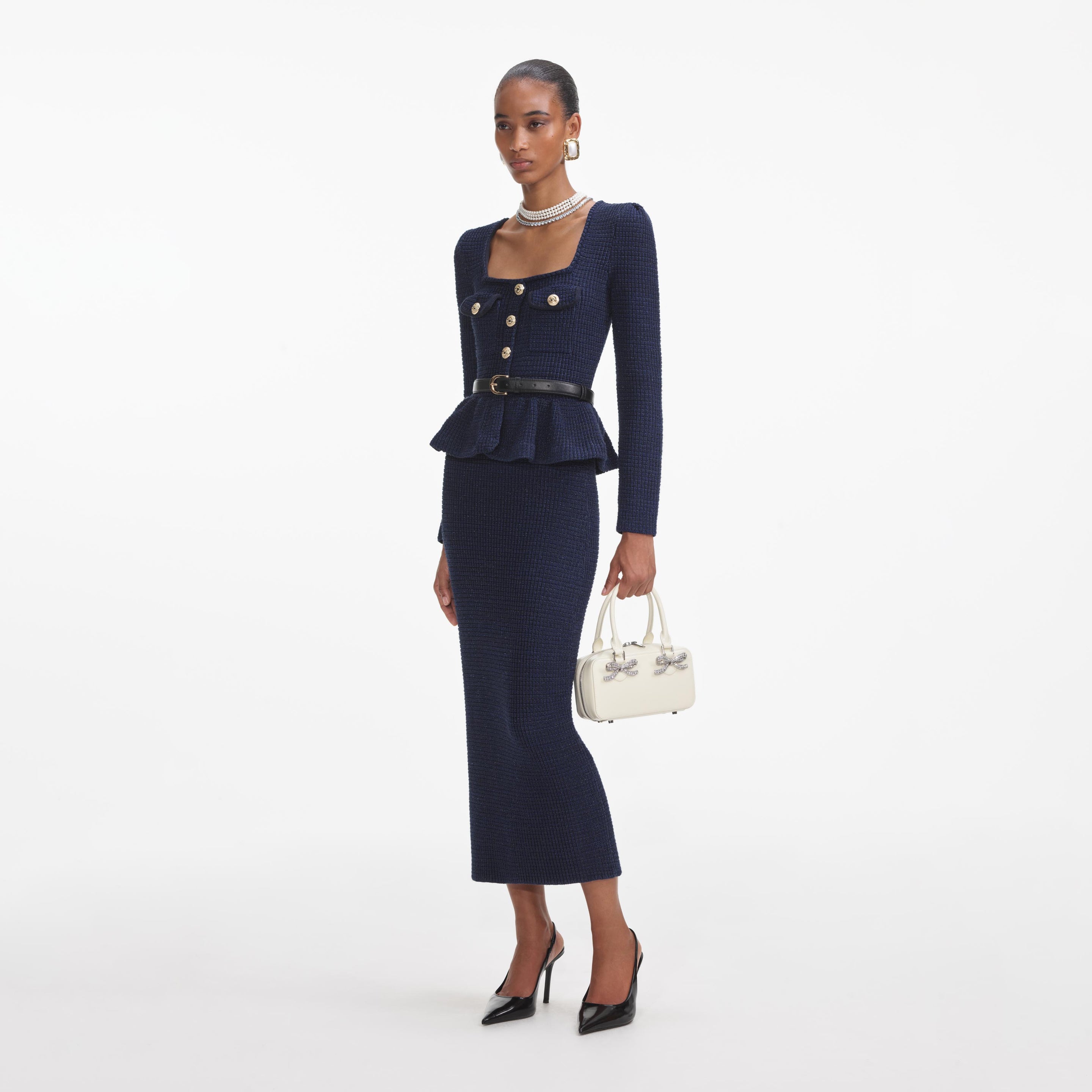 Navy Knit Peplum Midi Dress – self-portrait