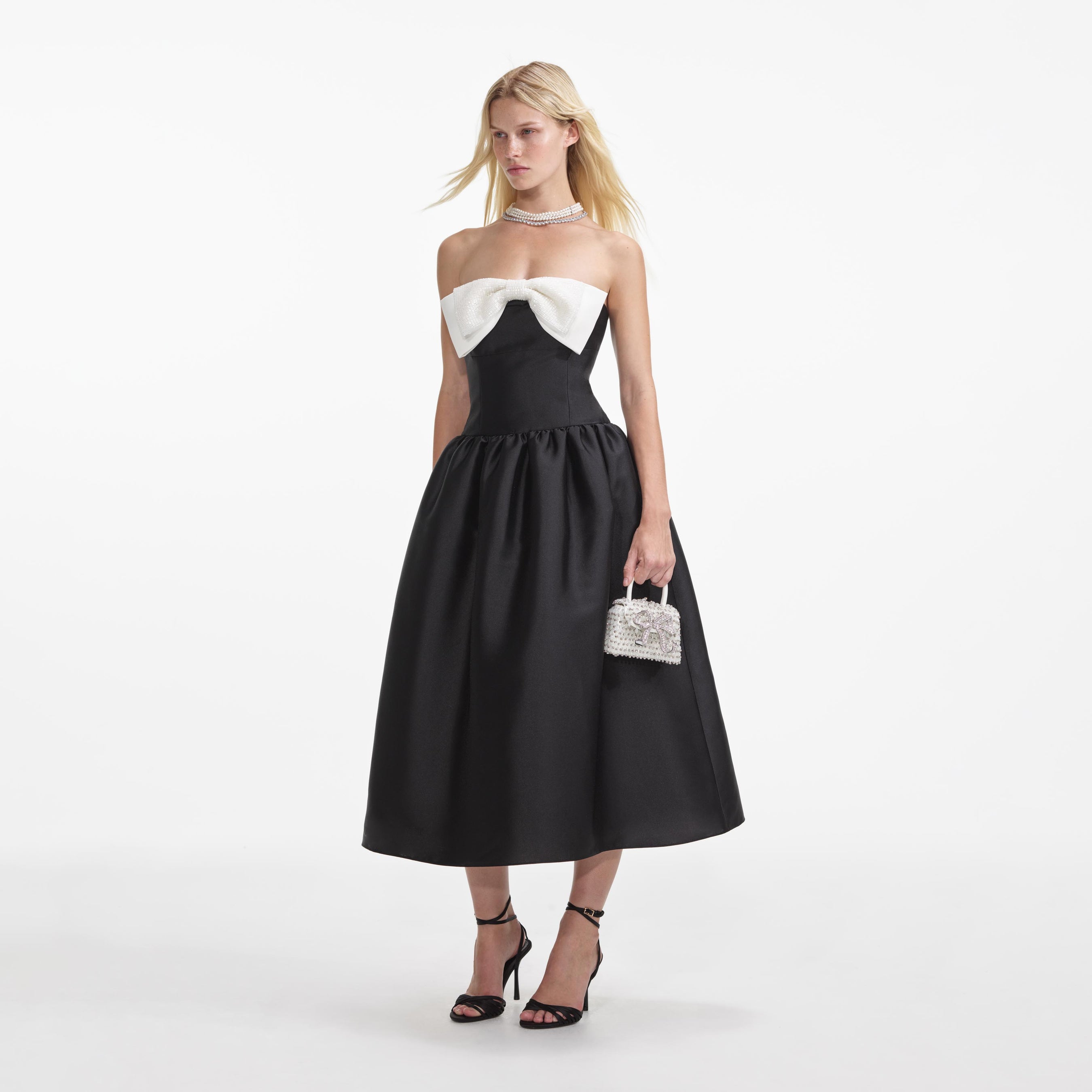 Black Taffeta Contrast Bow Midi Dress – self-portrait