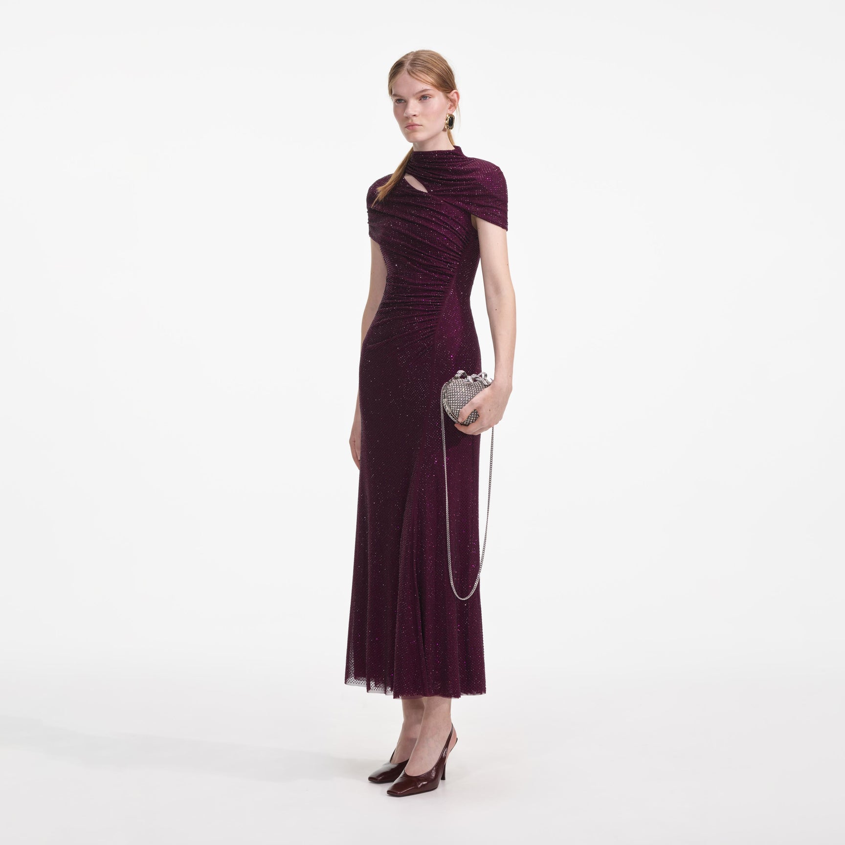 Burgundy Rhinestone Mesh Cut Out Midi Dress – self-portrait