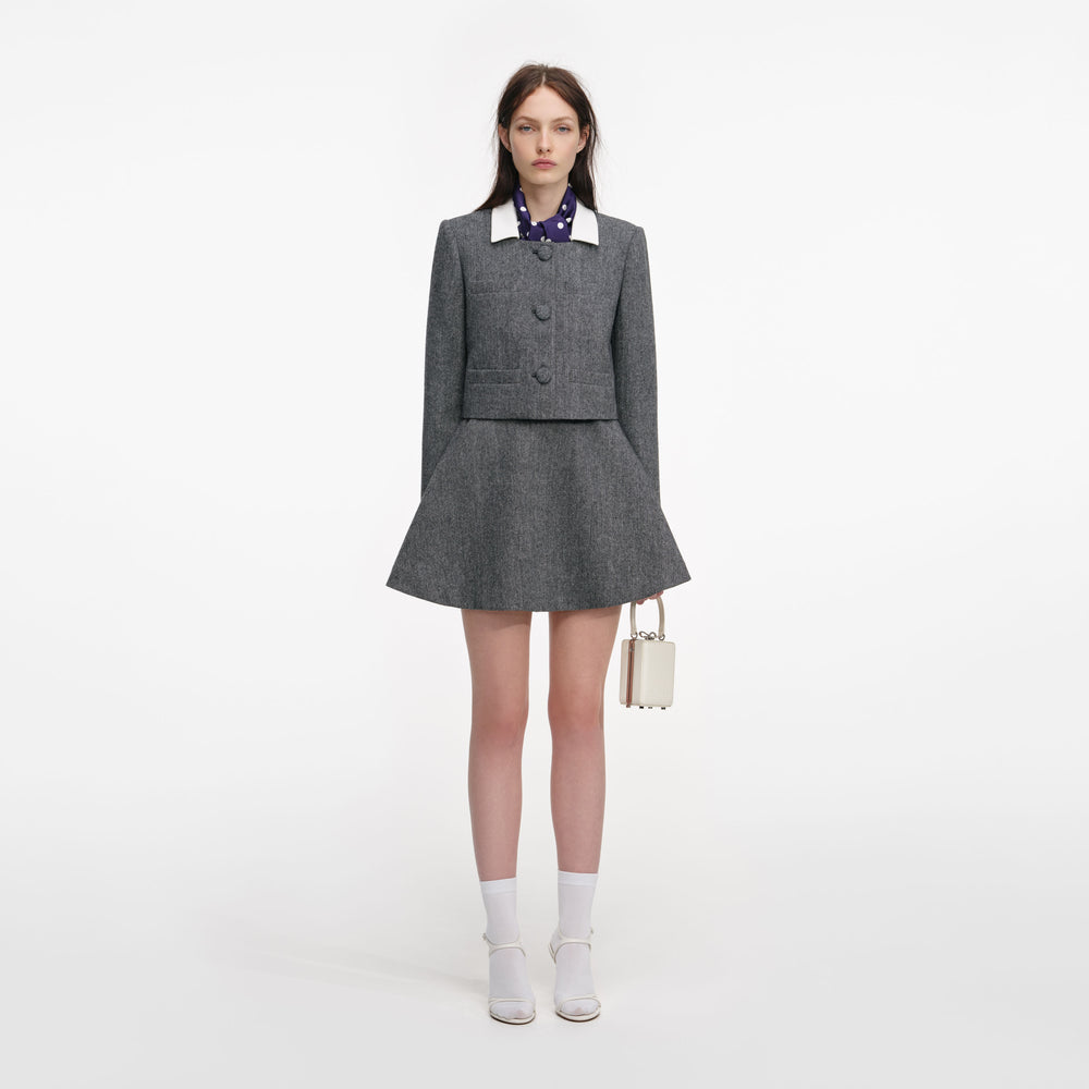 Grey Herringbone Scarf Detail Jacket – self-portrait