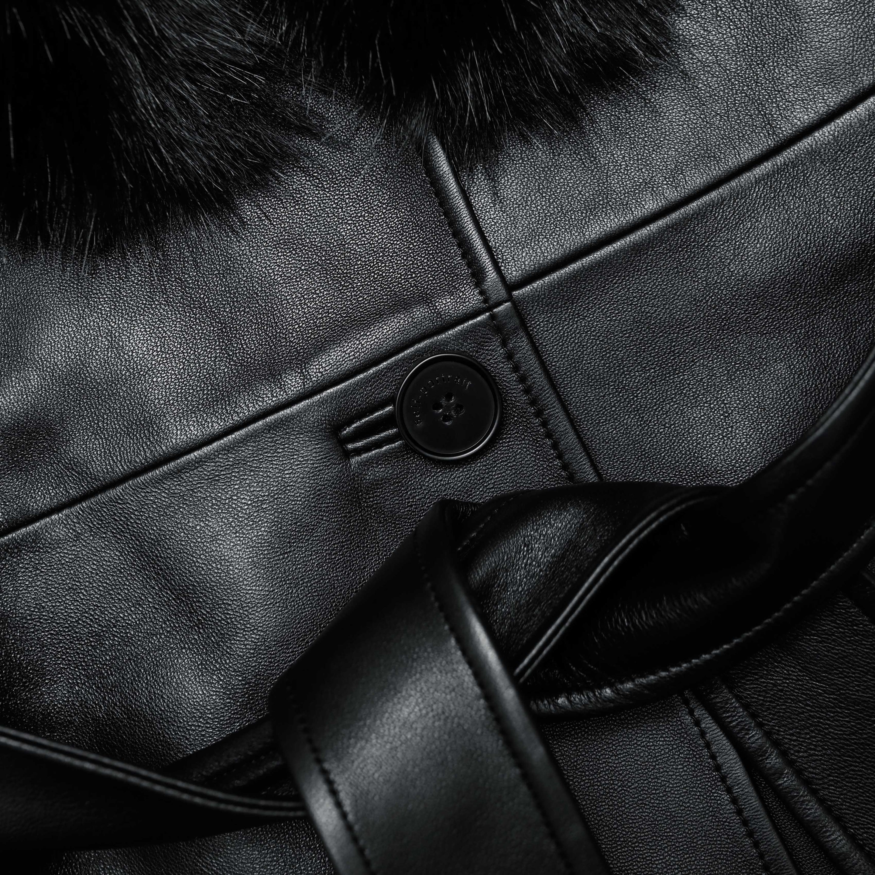 Black Leather Faux Fur Collared Coat – self-portrait