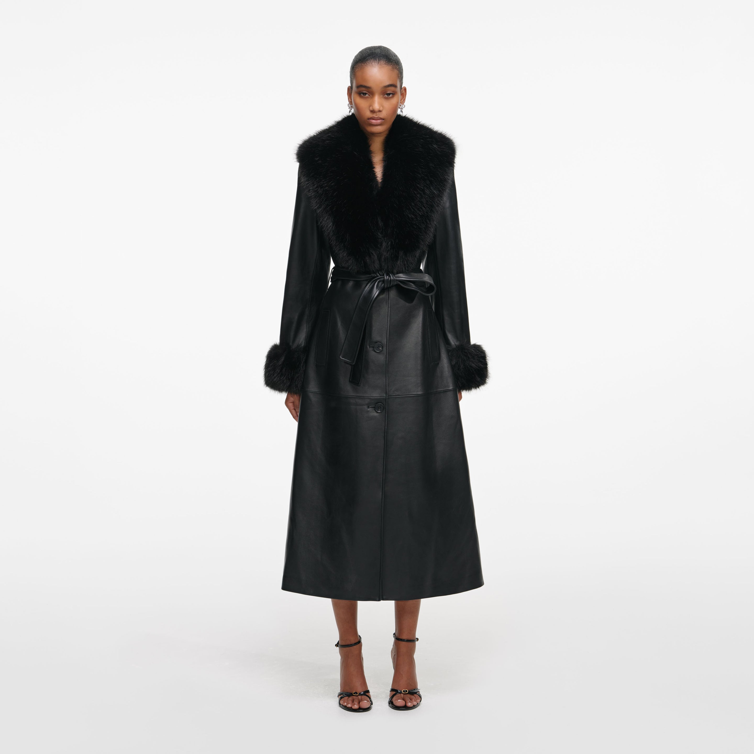 Black Leather Faux Fur Collared Coat – self-portrait