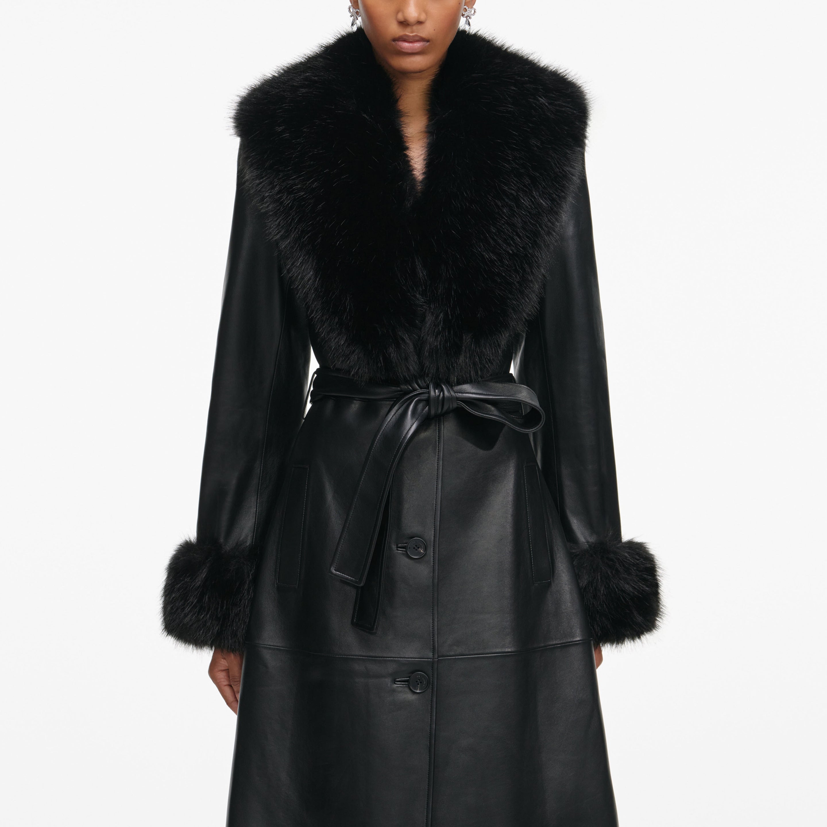 Black Leather Faux Fur Collared Coat – self-portrait