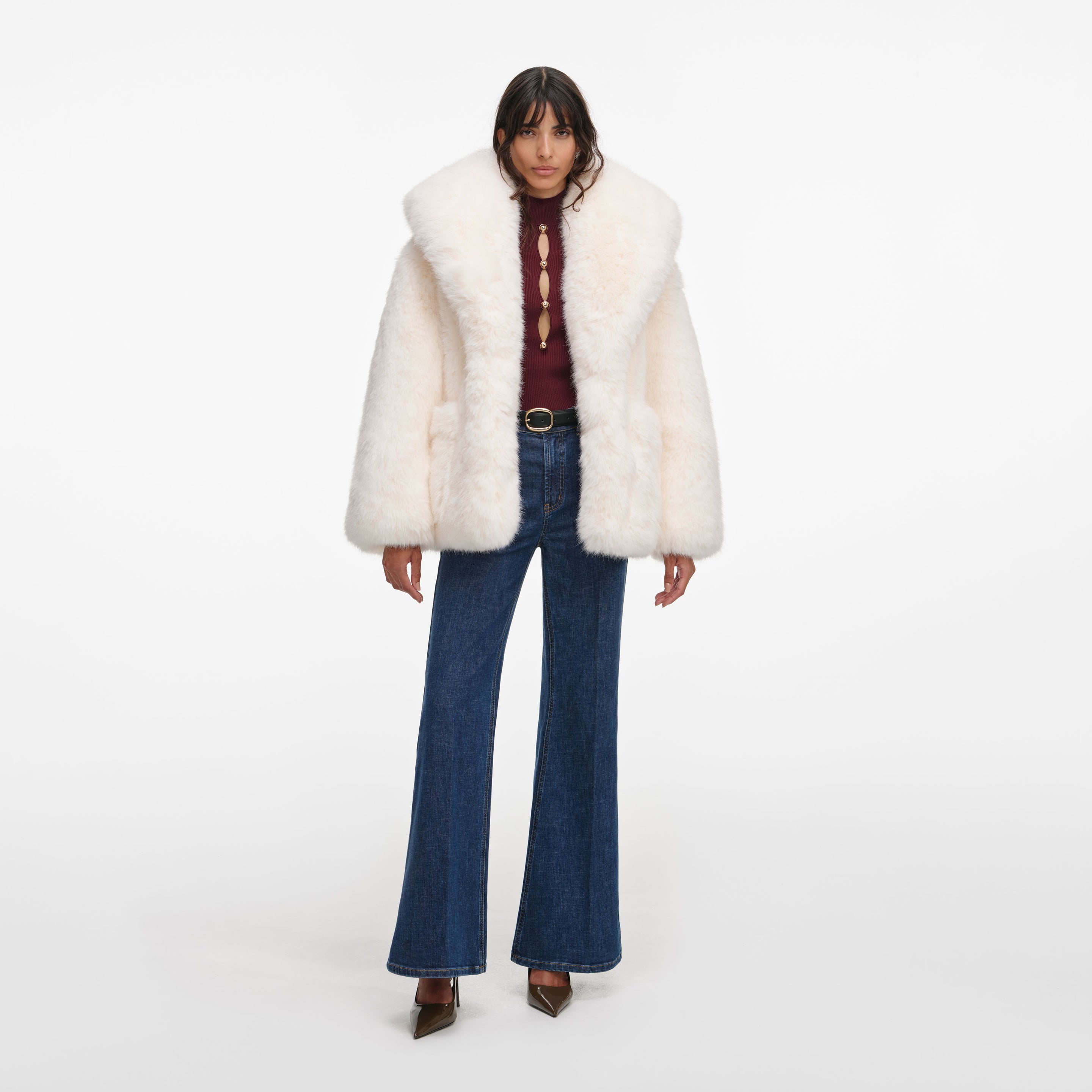 White Faux Fur Coat – self-portrait