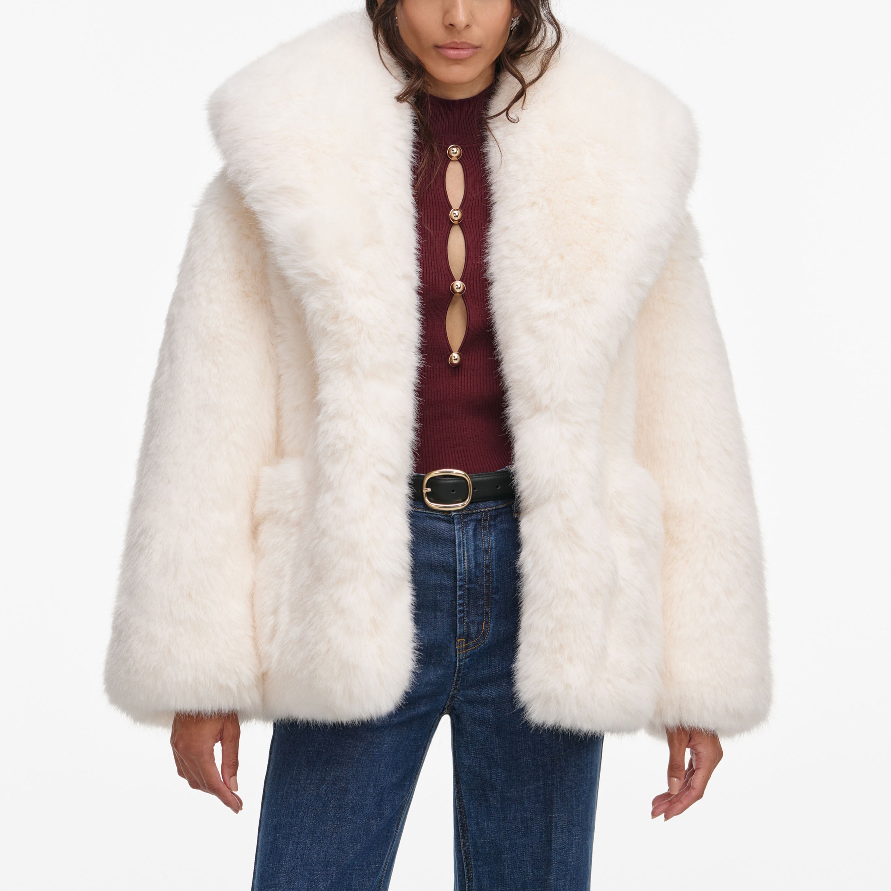 White Faux Fur Coat – self-portrait