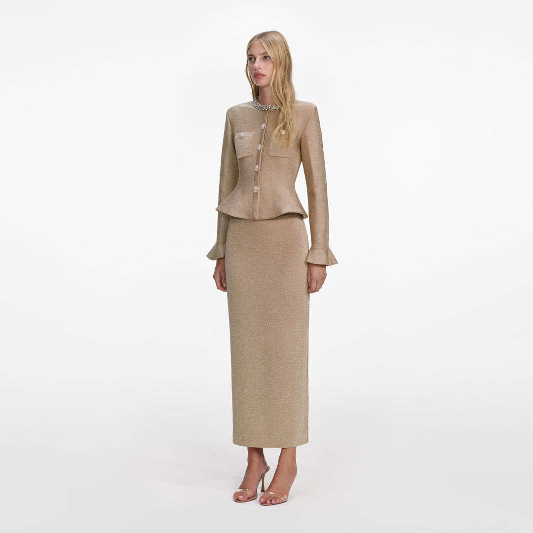 Gold Crystal Trim Knit Midi Dress – self-portrait