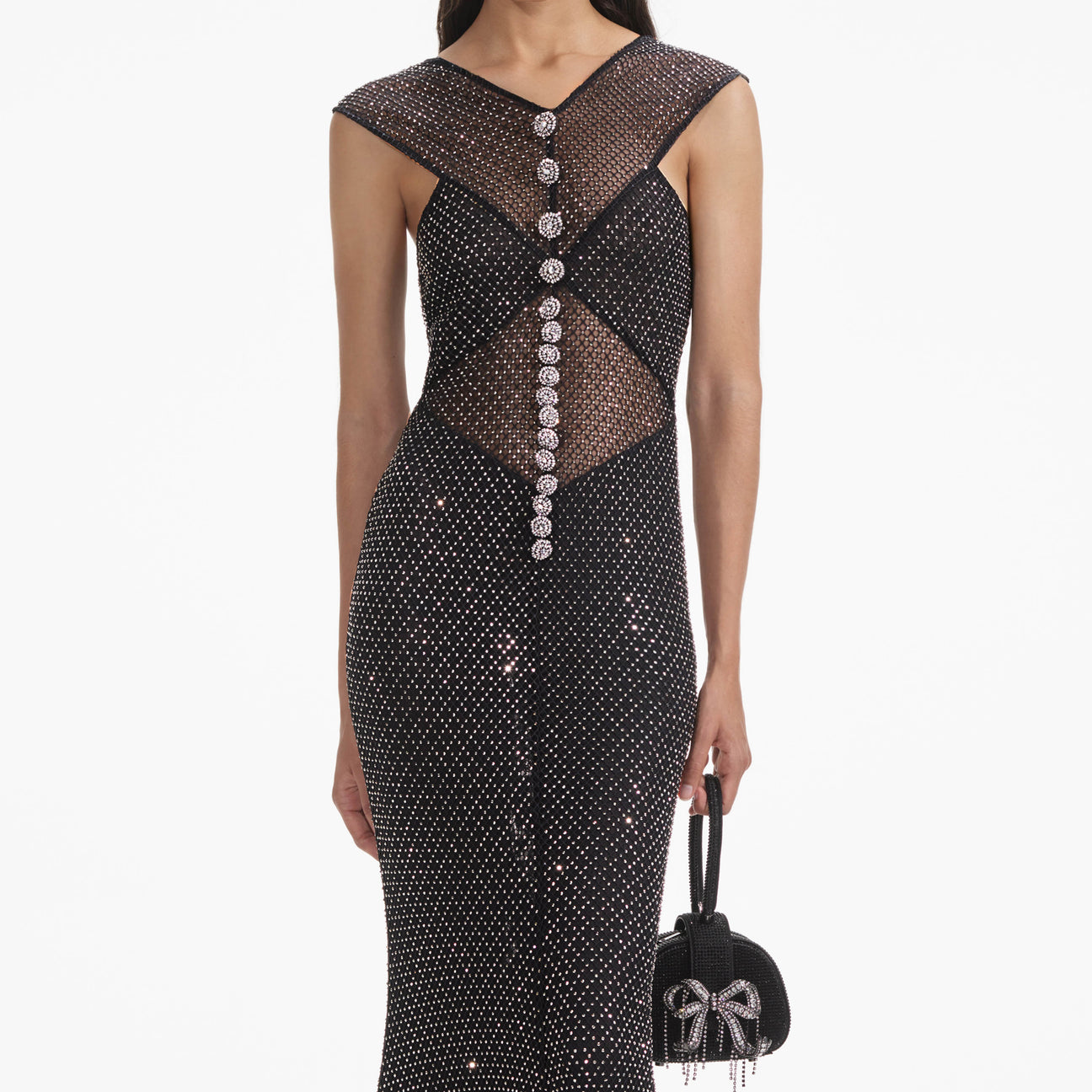 Black Rhinestone Fishnet Crossover Midi Dress – self-portrait
