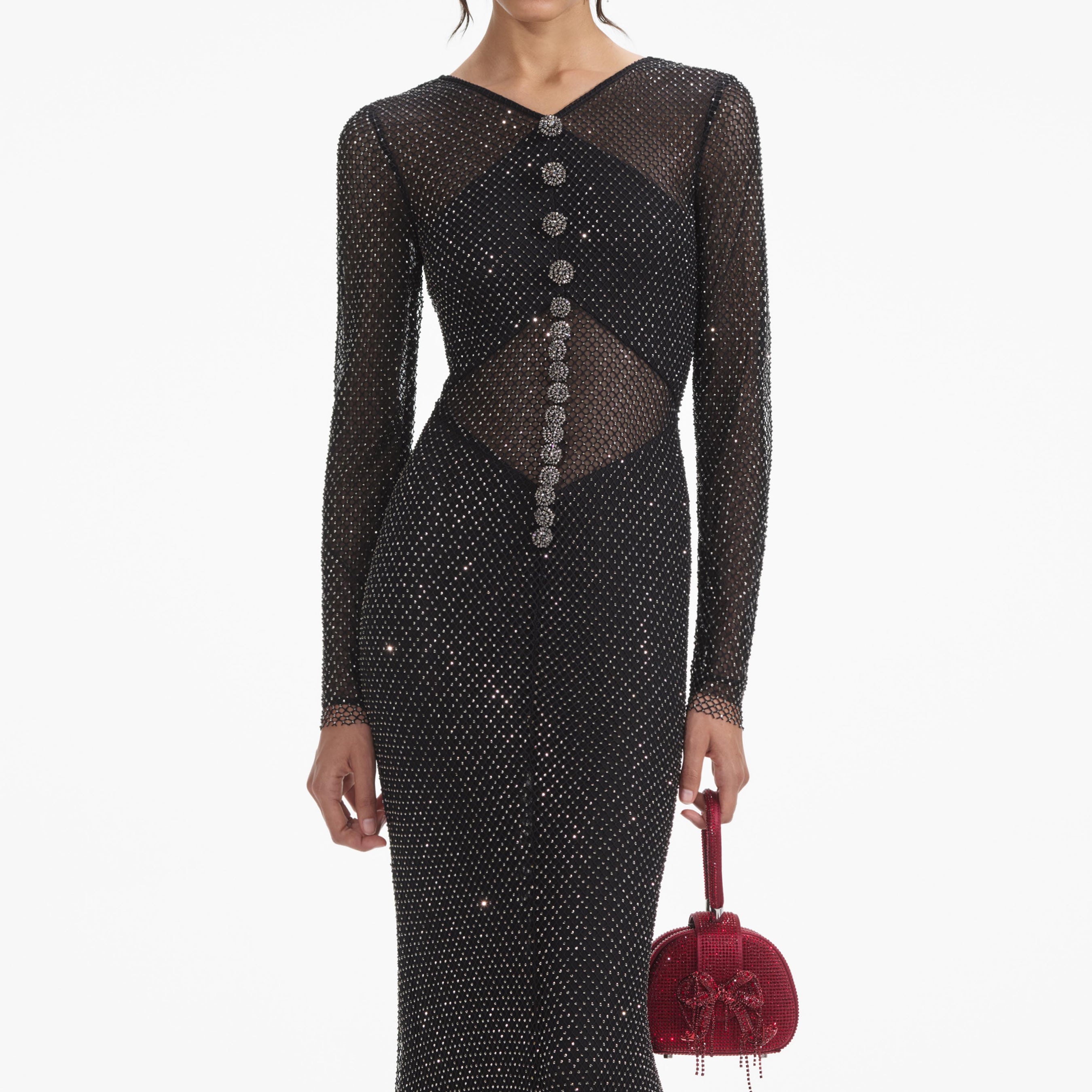 Black Rhinestone Fishnet Crossover Maxi Dress – self-portrait