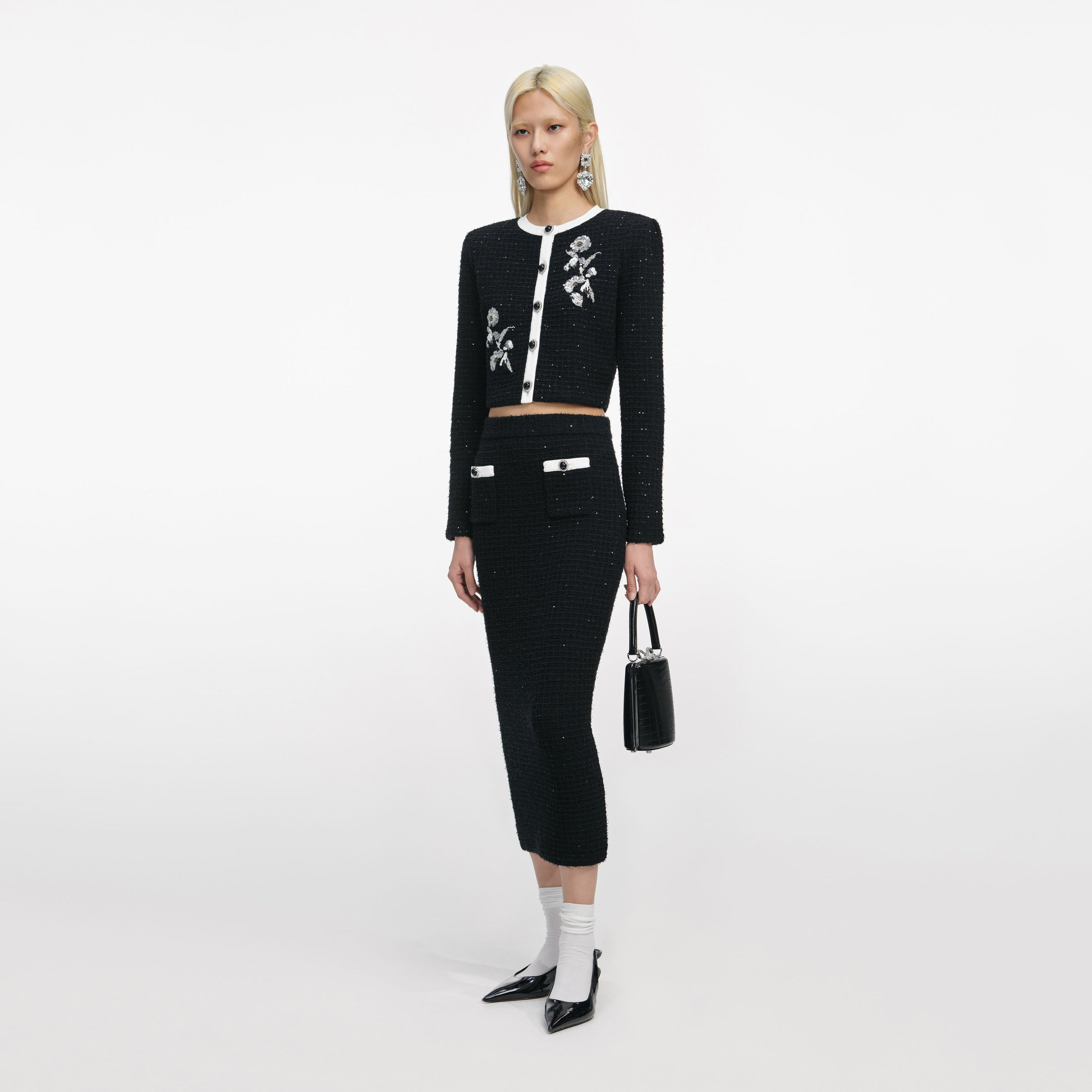 Black Floral Textured Knit Jacket – self-portrait