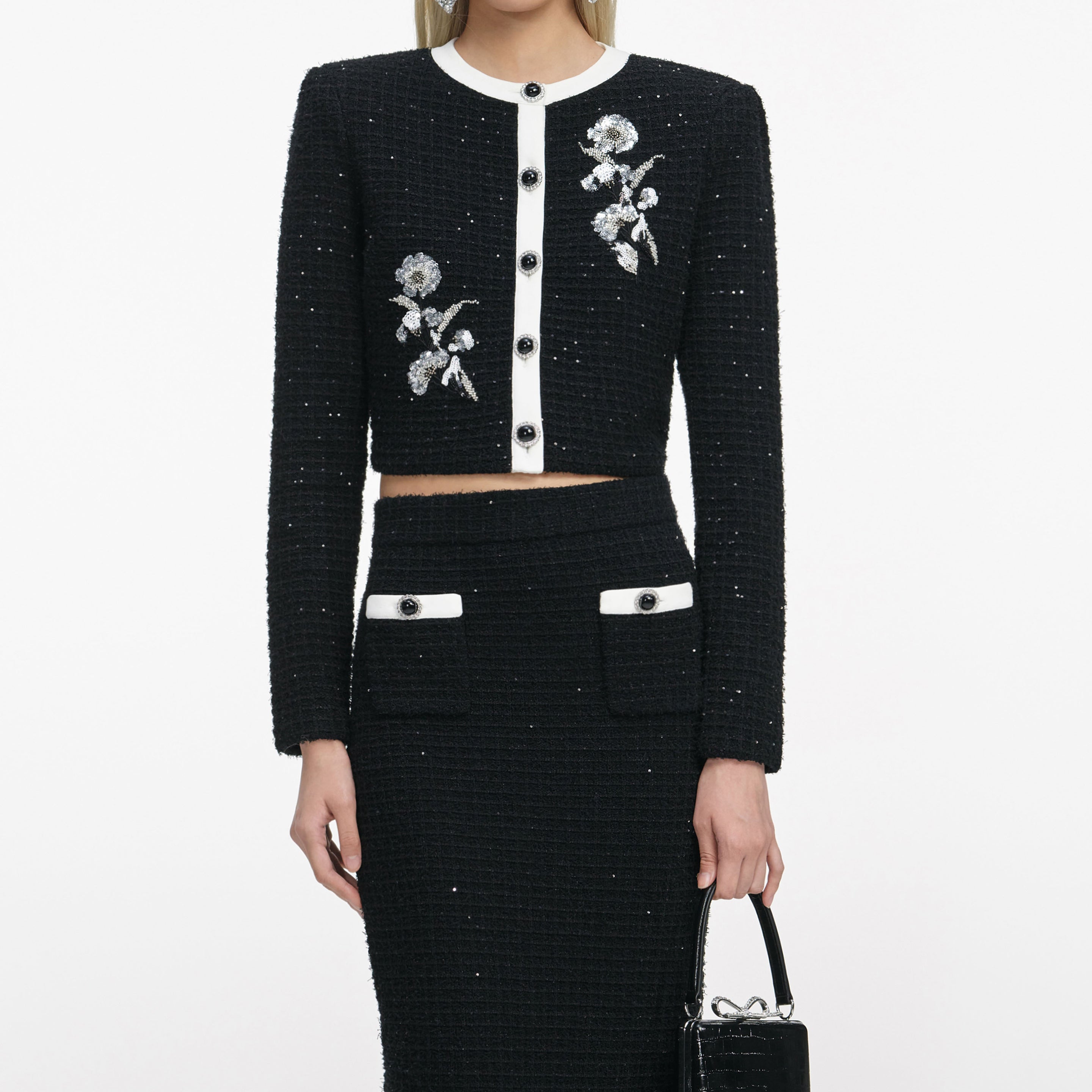 Black Floral Textured Knit Jacket – self-portrait