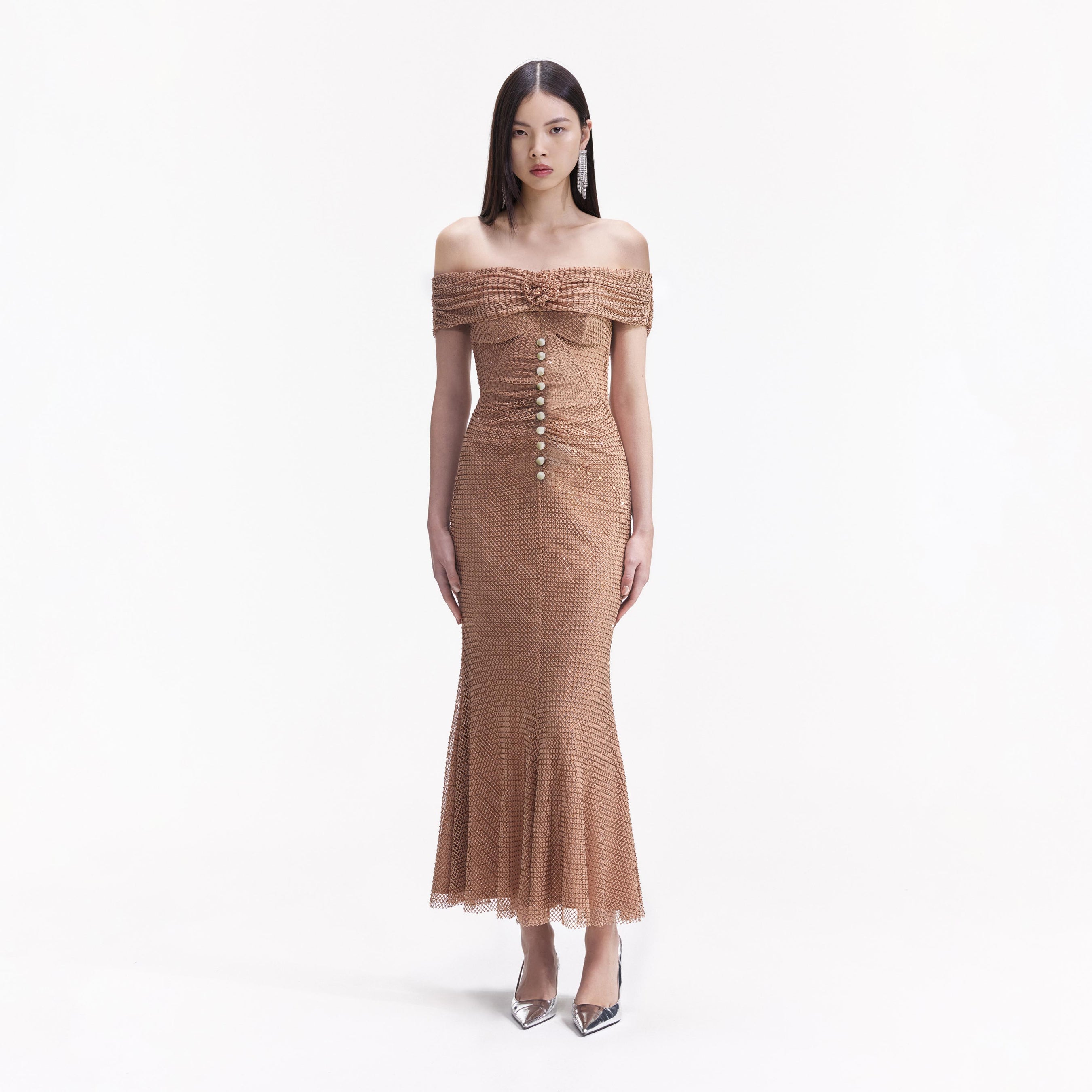 Tan Rhinestone Midi Dress – self-portrait