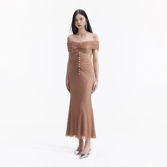 Tan Rhinestone Midi Dress – self-portrait