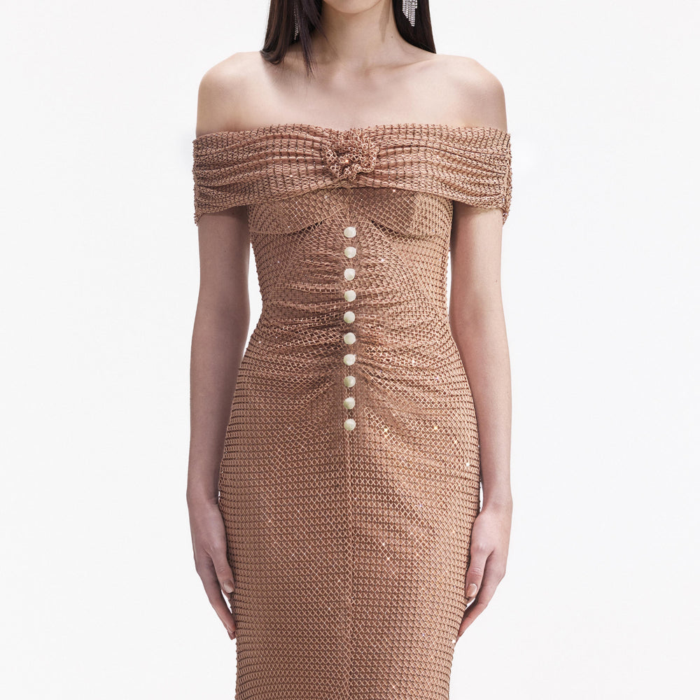 Tan Rhinestone Midi Dress – self-portrait