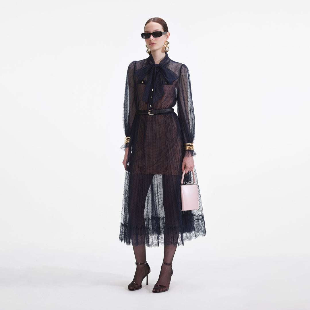 Navy Dot Mesh Midi Dress – self-portrait