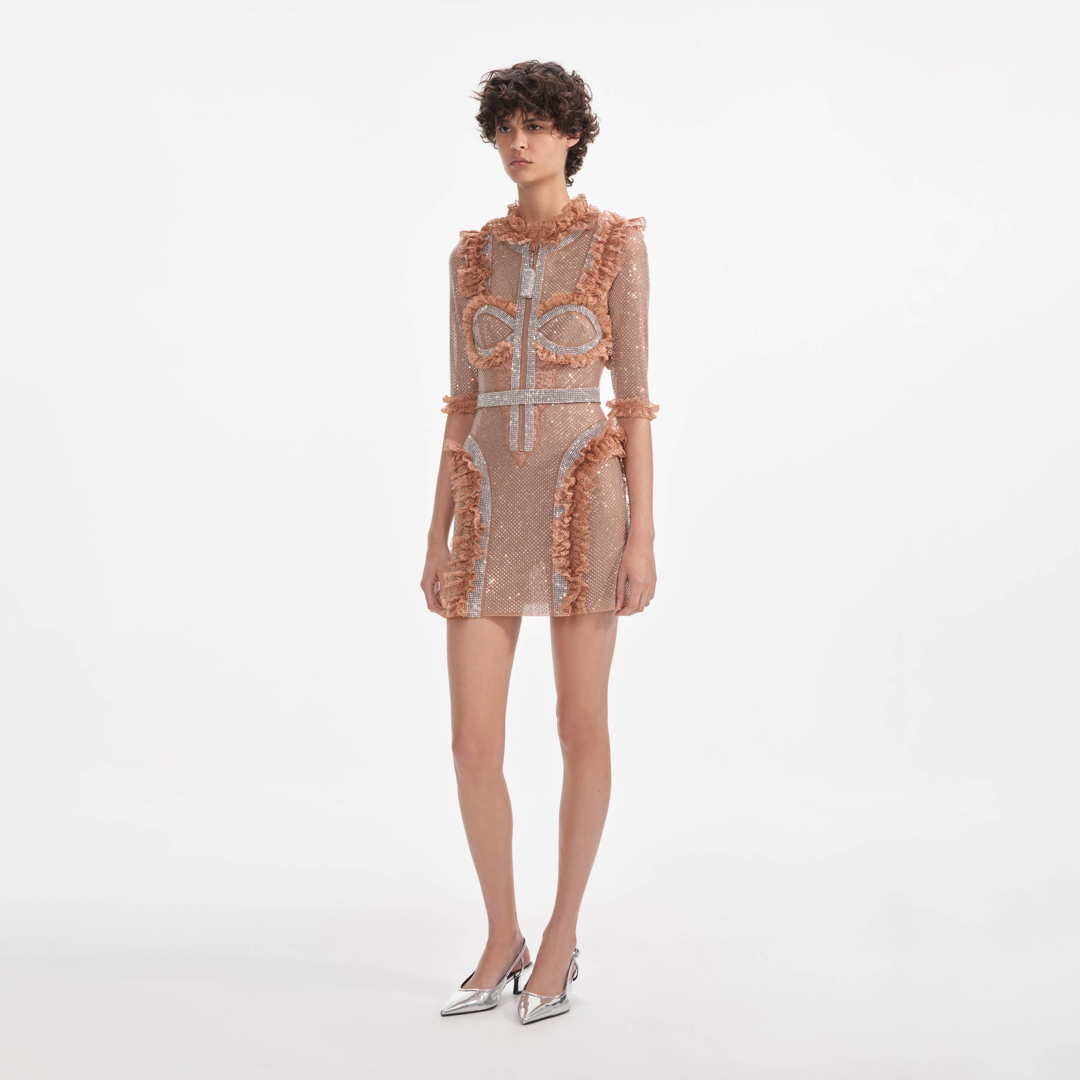 Tan Rhinestone Mesh Ruffle Mini Dress | Christopher Kane Residency – self-portrait