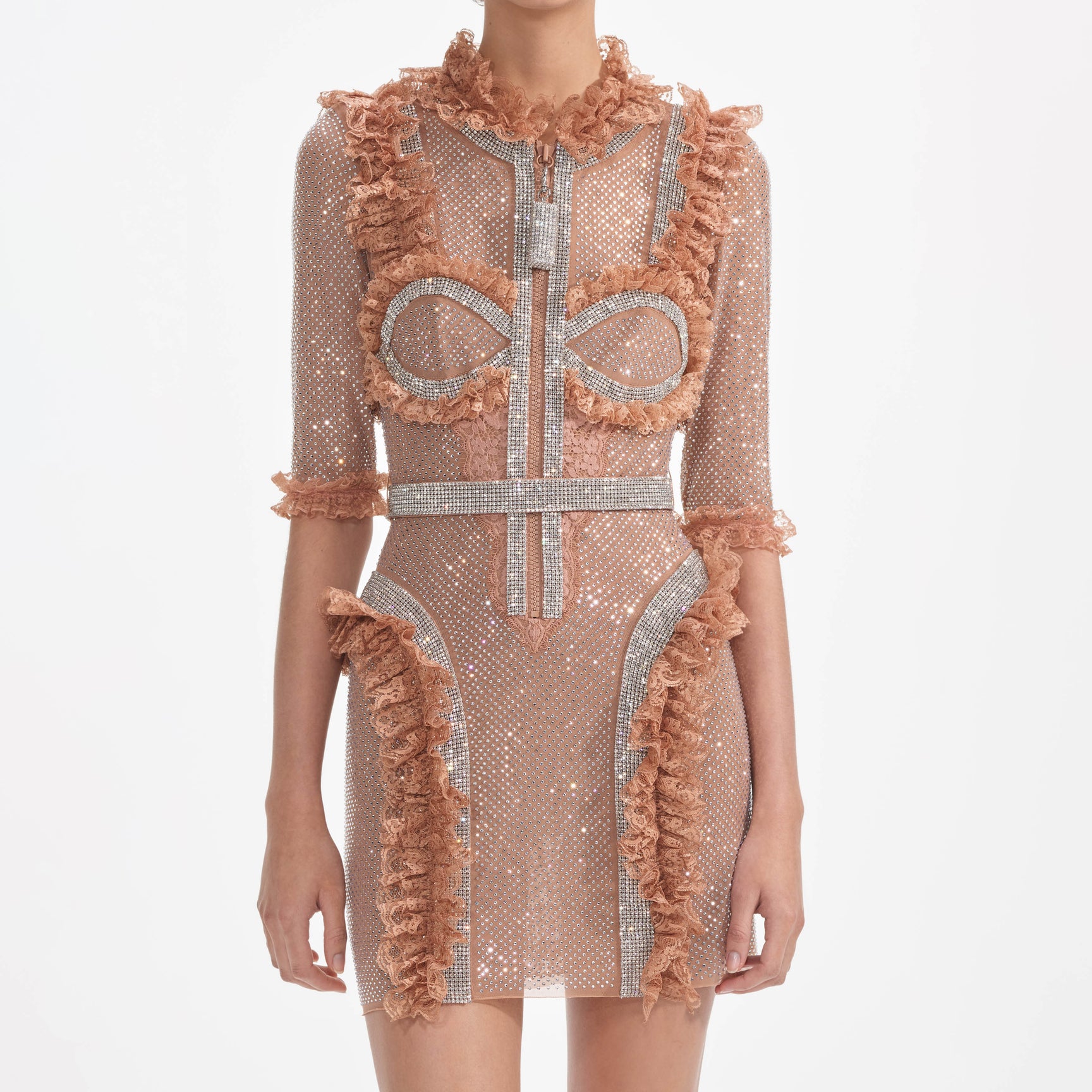 Tan Rhinestone Mesh Ruffle Mini Dress | Christopher Kane Residency ...