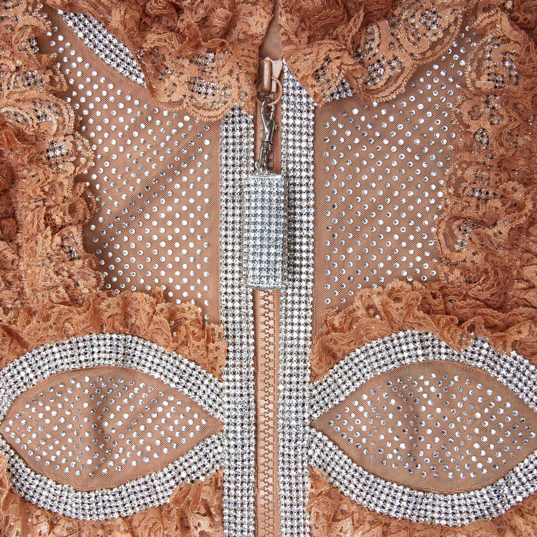Tan Rhinestone Mesh Ruffle Mini Dress | Christopher Kane Residency – self-portrait