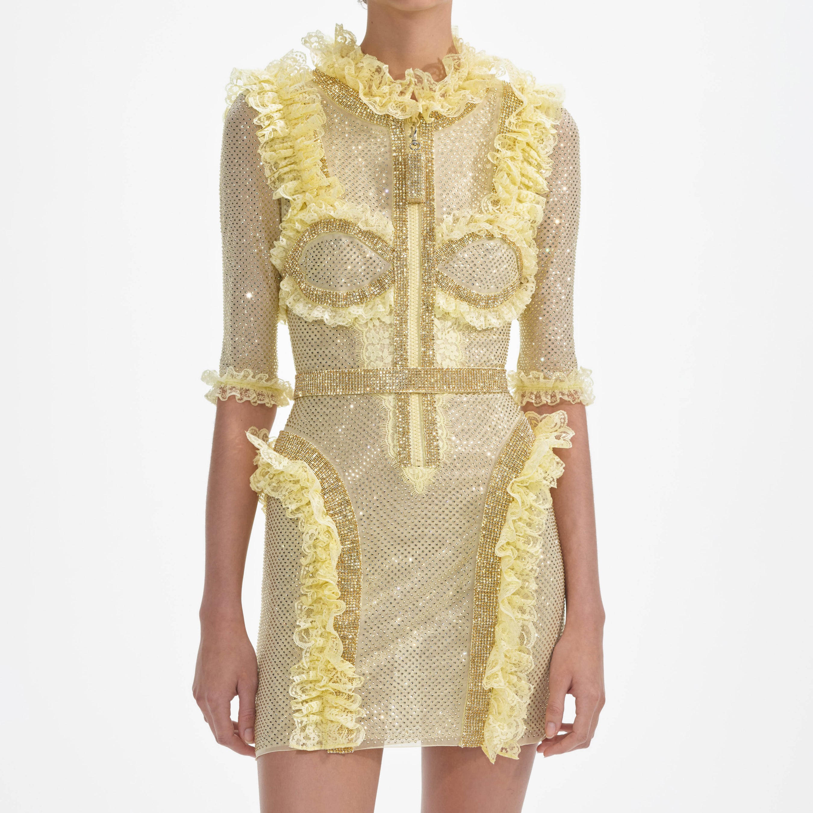 Yellow Rhinestone Mesh Ruffle Mini Dress | Christopher Kane Residency ...