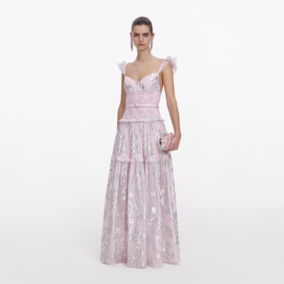 Pink Metallic Chiffon Flower Maxi Dress – self-portrait