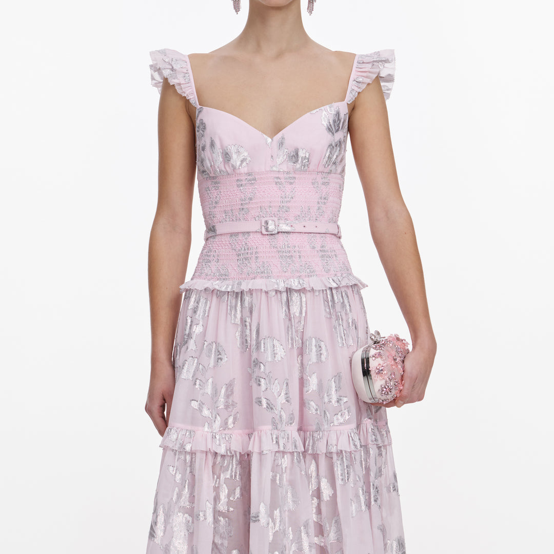 Pink Metallic Chiffon Flower Maxi Dress – self-portrait