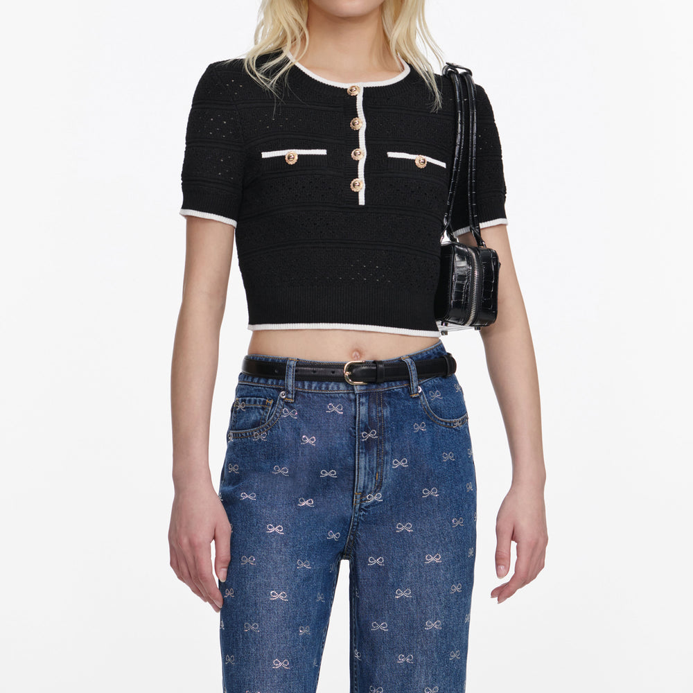 Black Pointelle Knit Top – self-portrait