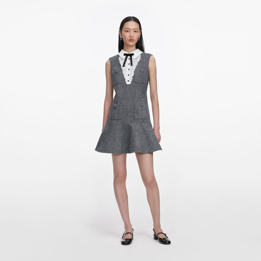 Grey Herringbone Lace Bib Mini Dress – self-portrait