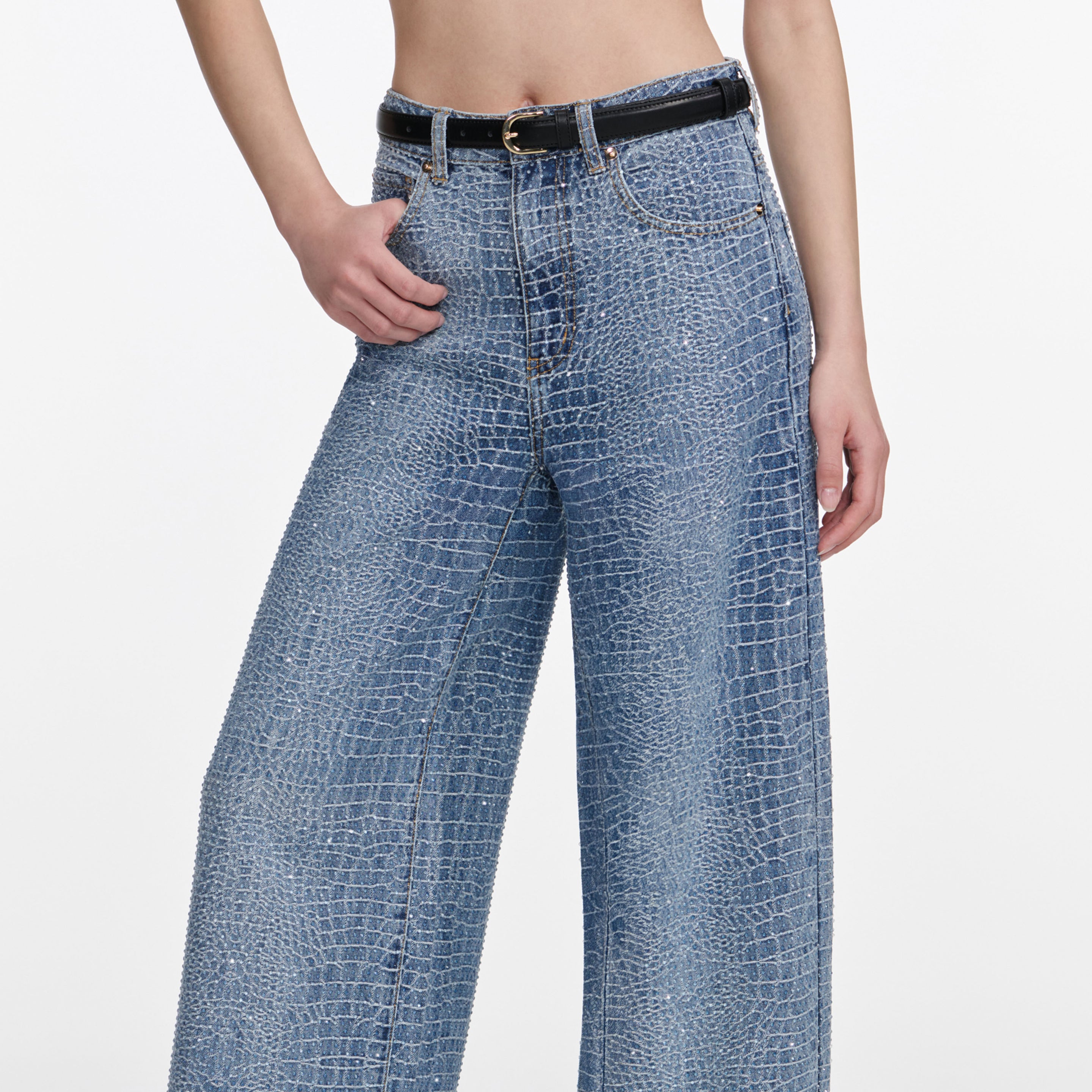 Rhinestone Croc Effect Wide Leg Jeans – self-portrait